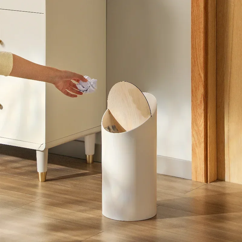 Round Wooden Simple Trash Can Log Style Cream Plastic with Lid Home ...