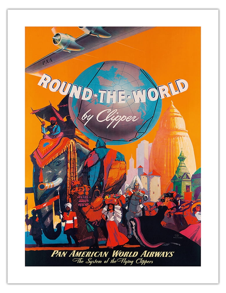 Round the World by Clipper - Pan American World Airways - Vintage Airline Travel Poster by Mark ...