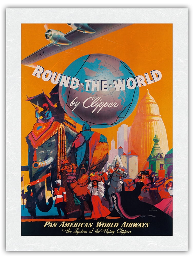 Round the World by Clipper - Pan American World Airways - Vintage Airline Travel Poster by Mark ...