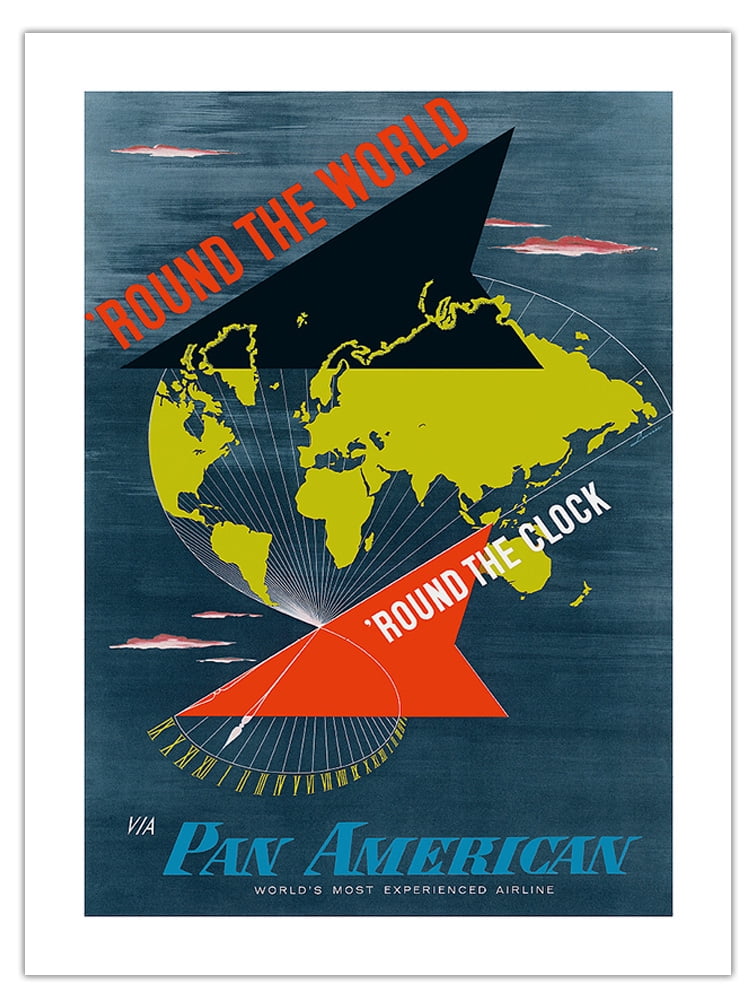 Round the World Round the Clock - via Pan American World Airways - Vintage Airline Travel Poster ...