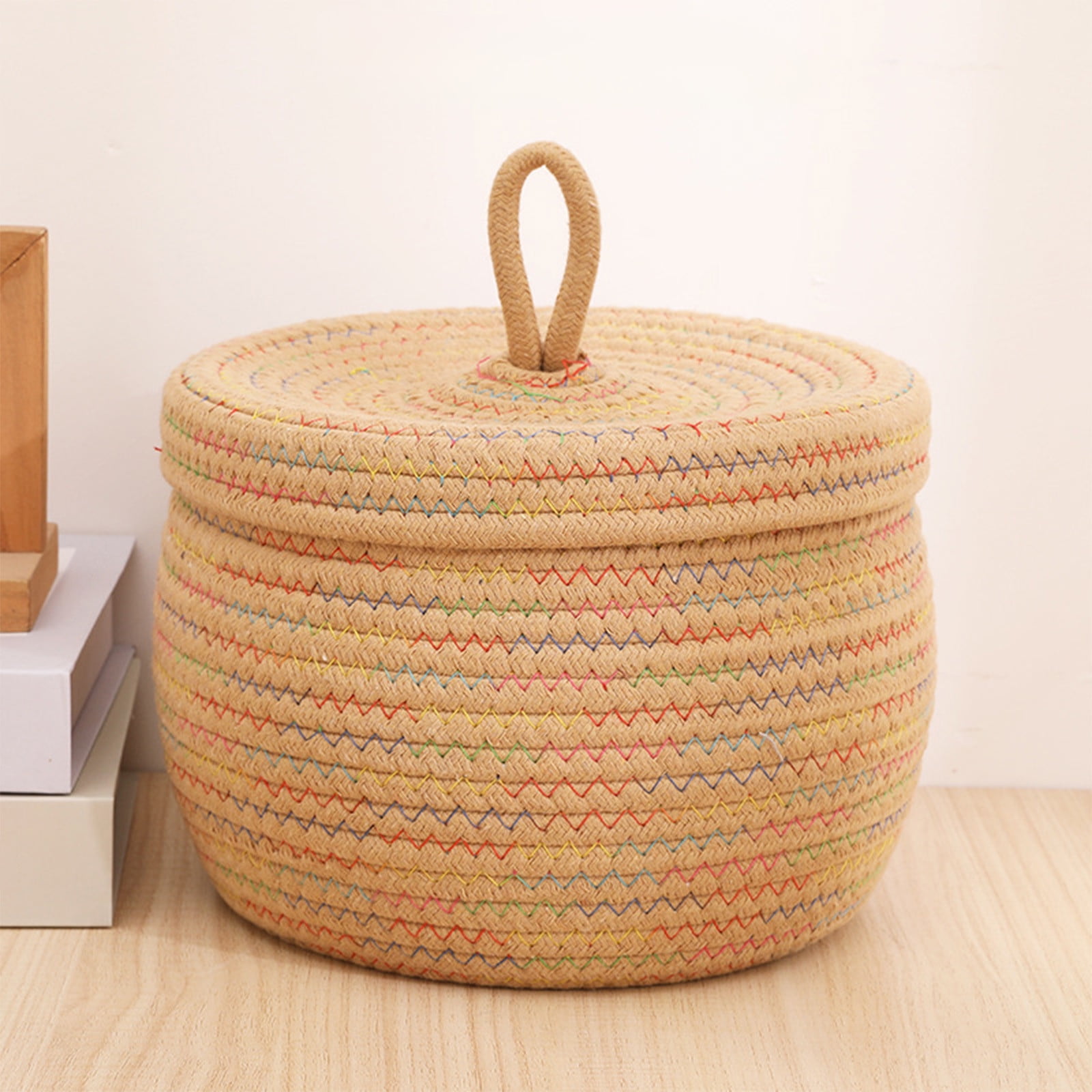 Round Woven Fabric Storage Basket with Lid - Round Storage Basket with ...