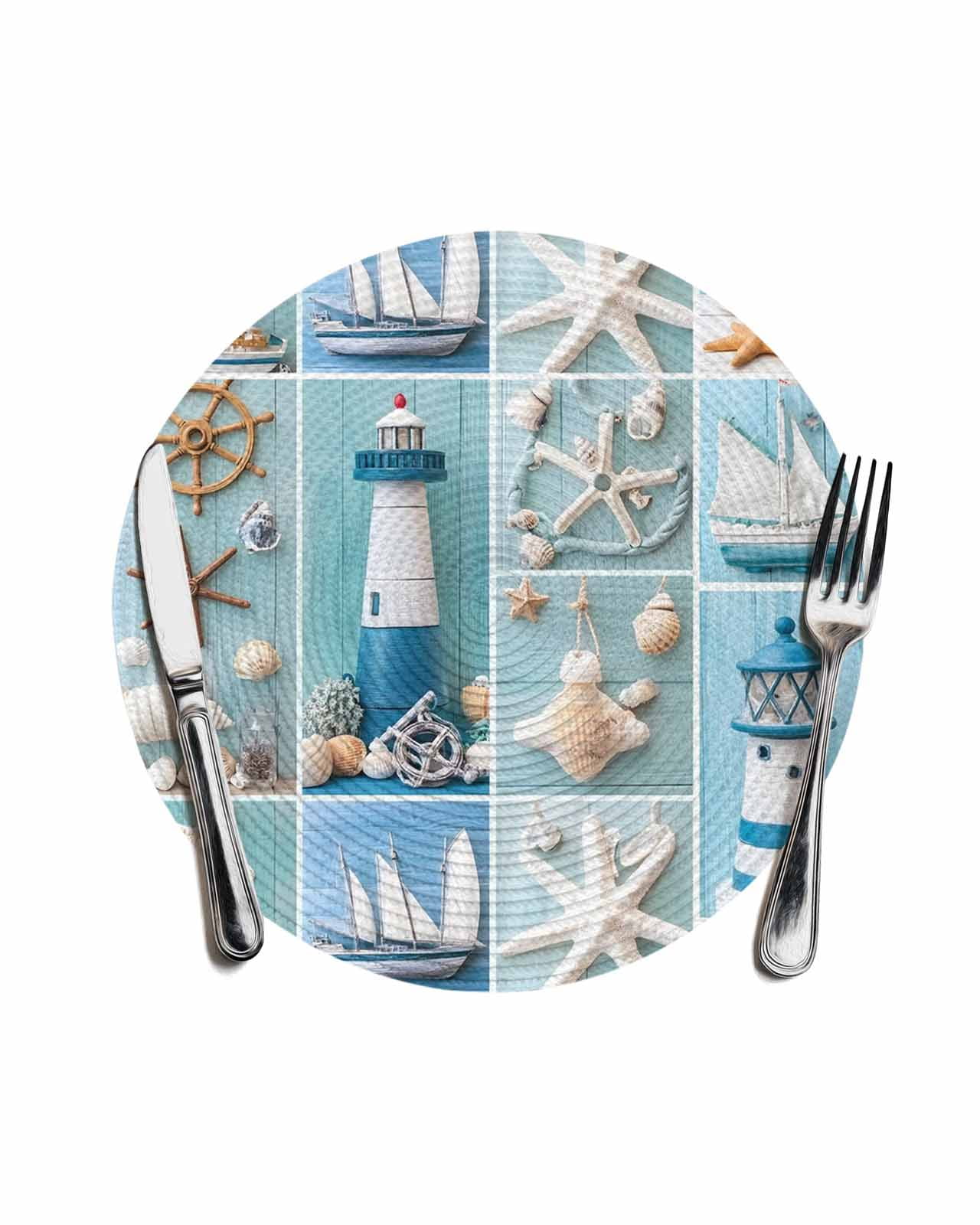 Round Woven Placemats 1 pc, Coastal Nautical Washable&Heat Resistant ...