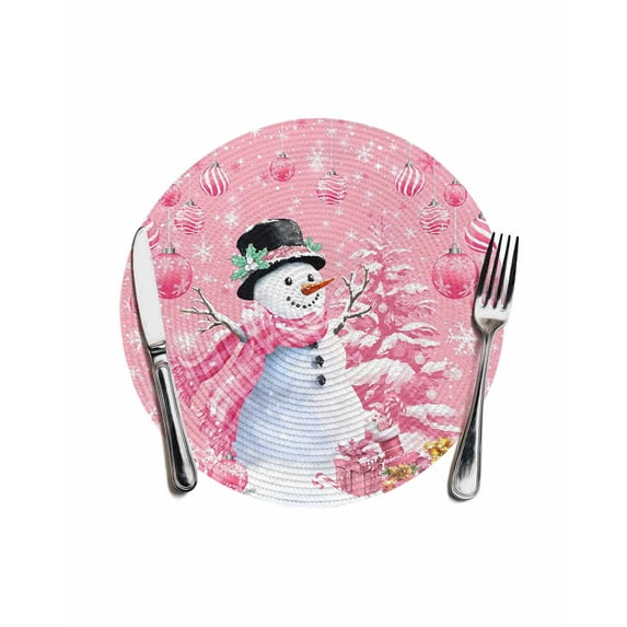 Round Woven Placemats 1 pc, Pink Snowman Washable&Heat Resistant ...