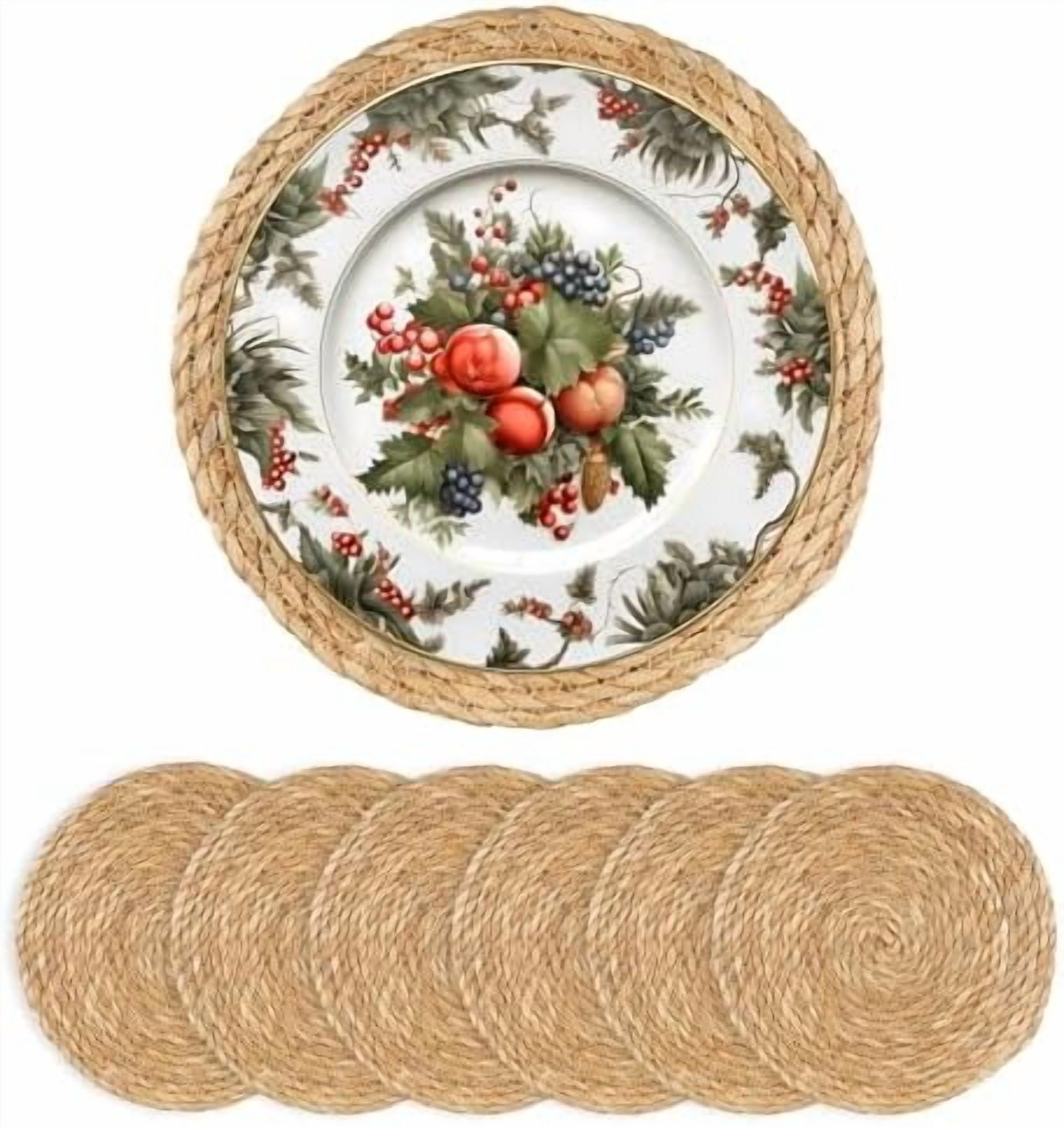 Round Woven Placemats 13.5 inch Set of 6 - Boho Rattan Placemat Natural ...
