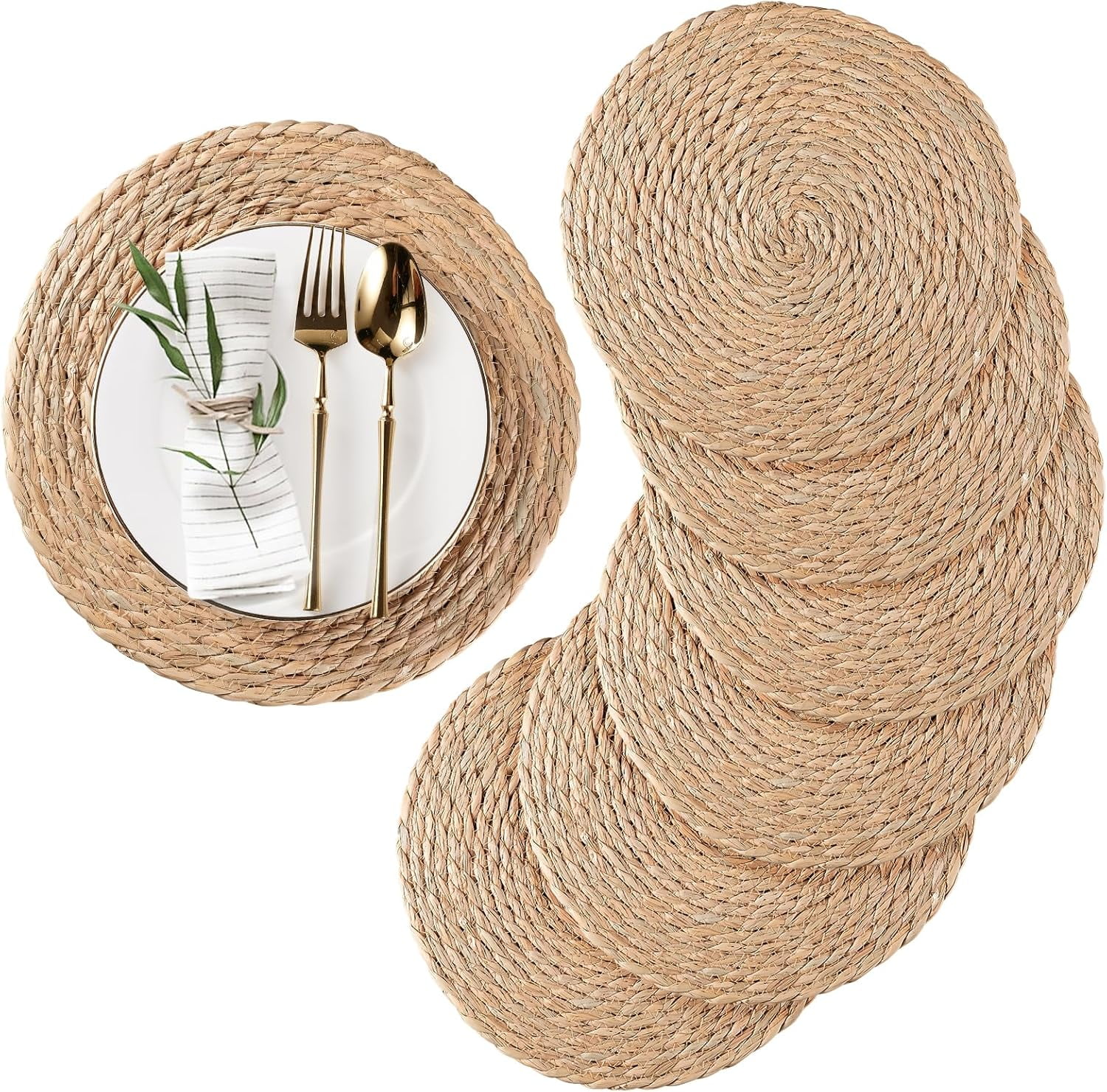 Round Woven Placemats Set of 6, Natural Water Hyacinth Place mats, 13.8 ...