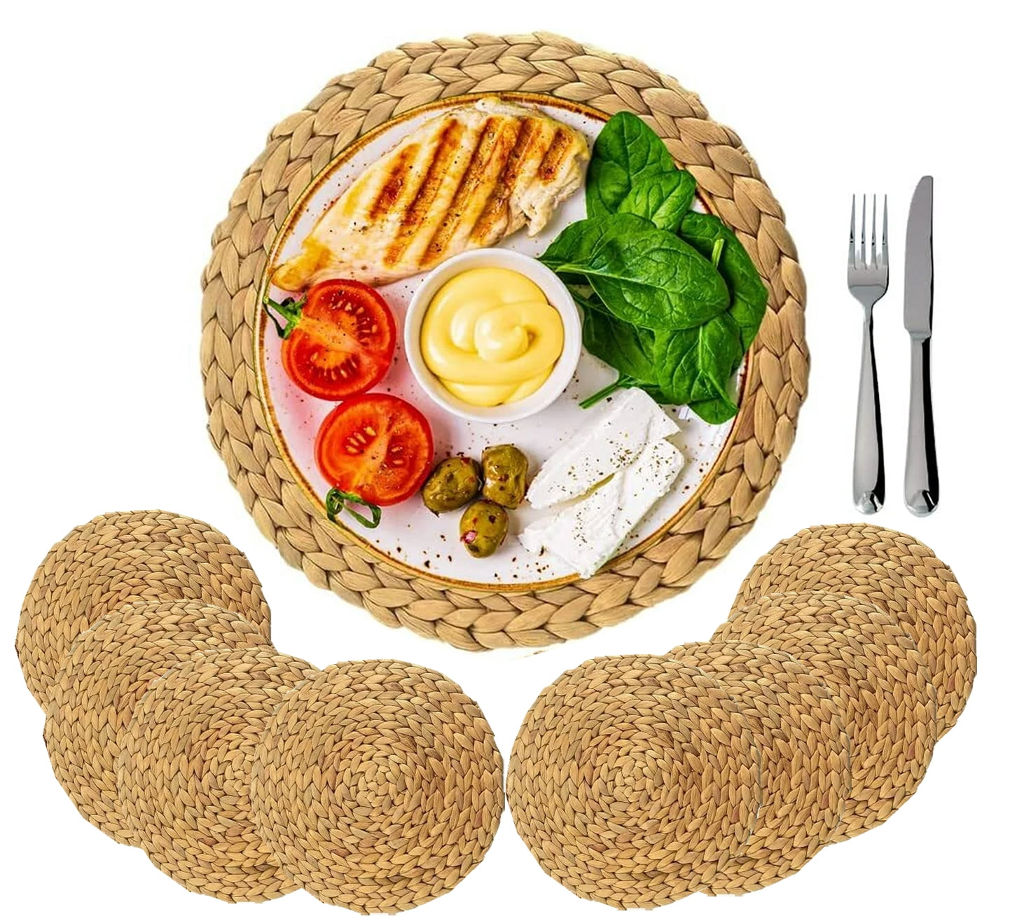 Round Woven Placemats Set of 8, 11.8" Round Rattan Placemats, Natural ...