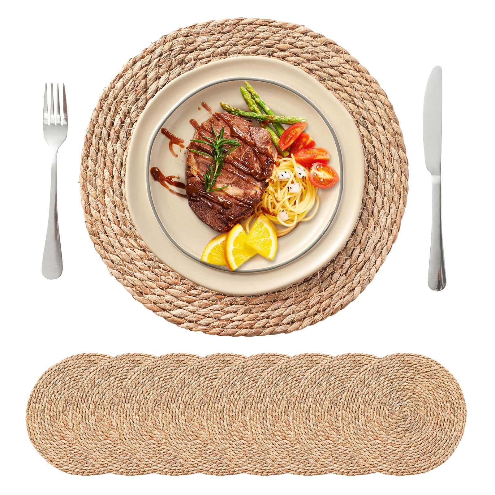 Round Woven Placemats Set of 6, 13.5 inch Boho Rattan Chargers for ...