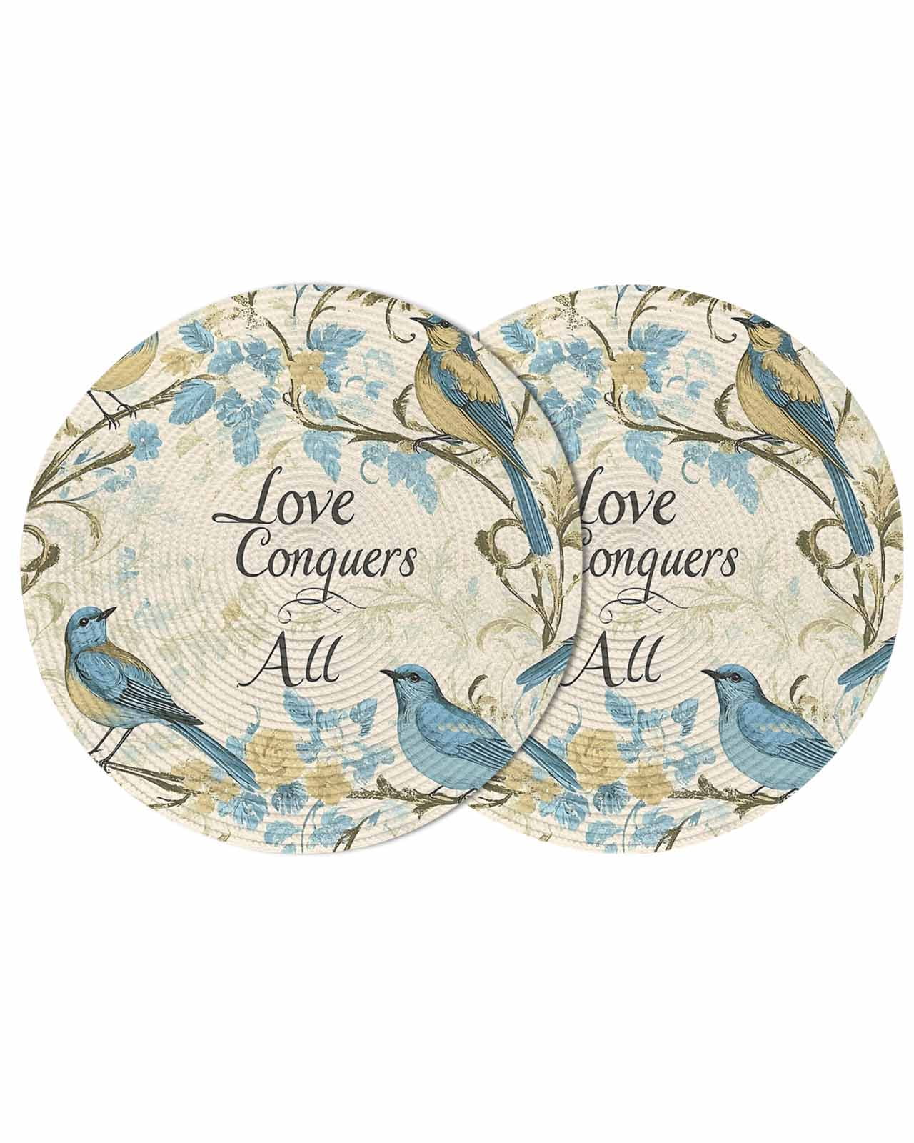 Round Woven Placemats set of 2, Blue Birds Yellow Flowers Washable&Heat ...