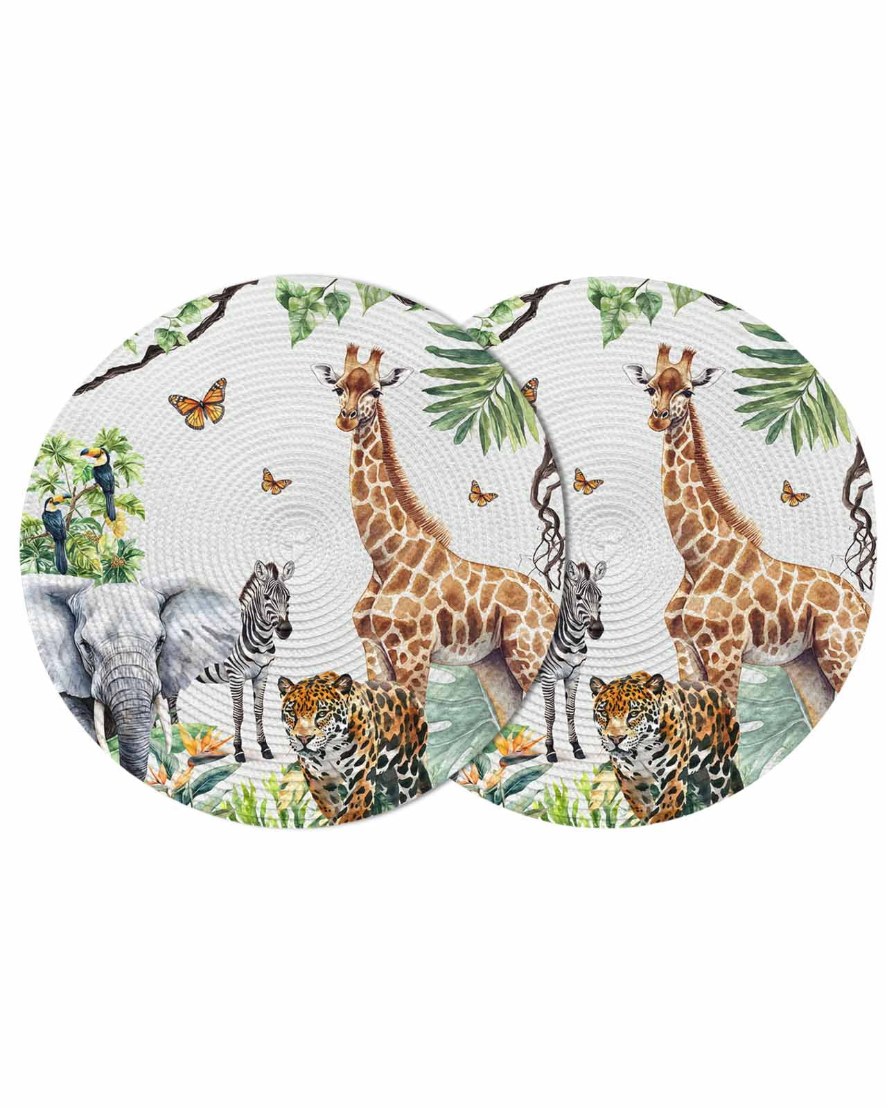 Round Woven Placemats set of 2, Tropical Animal Washable&Heat Resistant ...