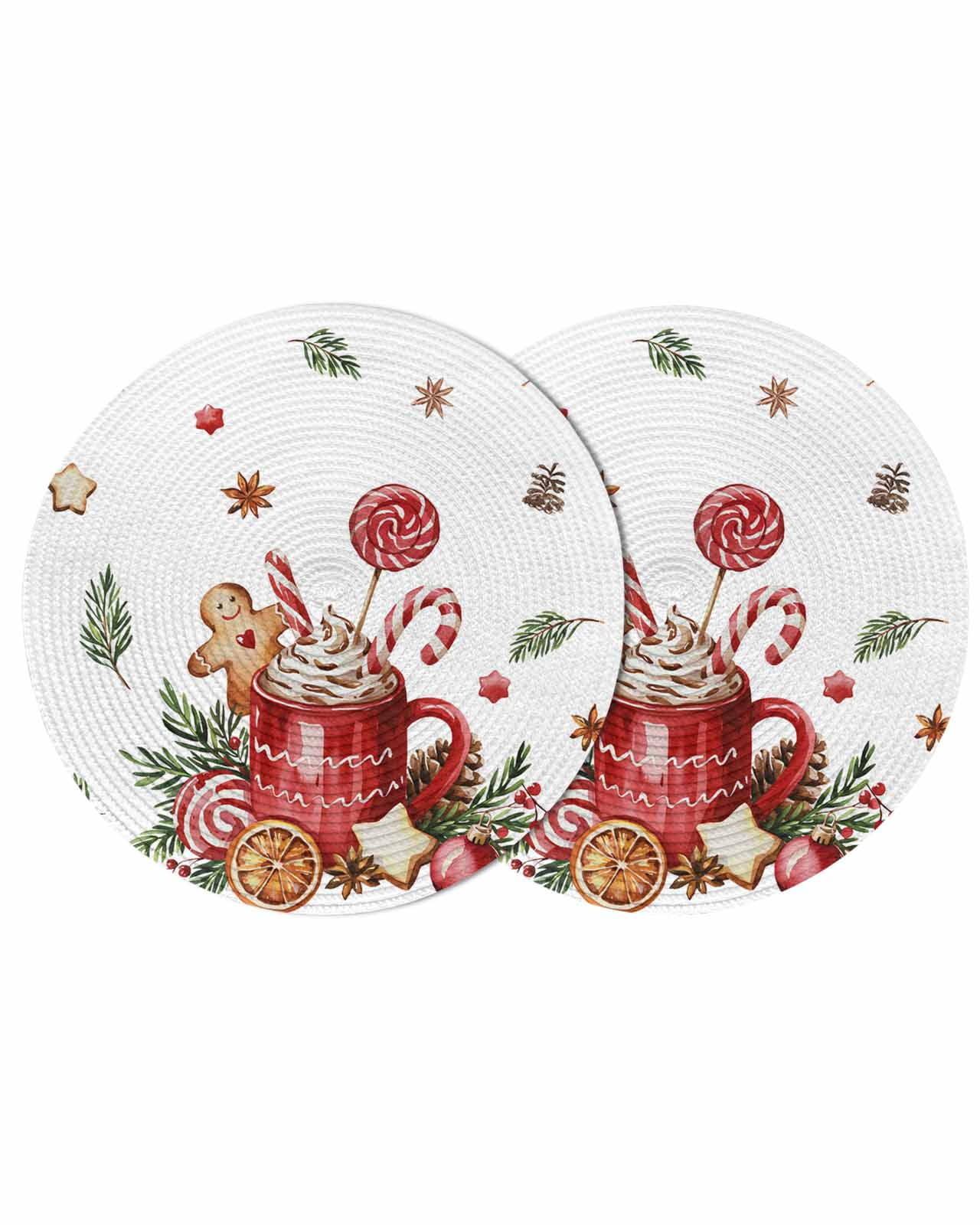 Round Woven Placemats set of 2, White Red Christmas Washable&Heat ...
