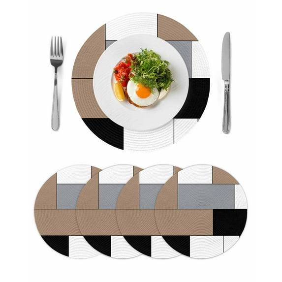 Round Woven Placemats set of 4, Abstract Geometric Block Pattern Washable&Heat Resistant Plastic ...