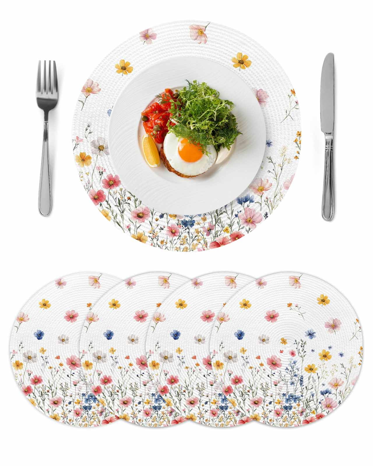 Round Woven Placemats set of 4, Multicolor Watercolor Floral Washable ...