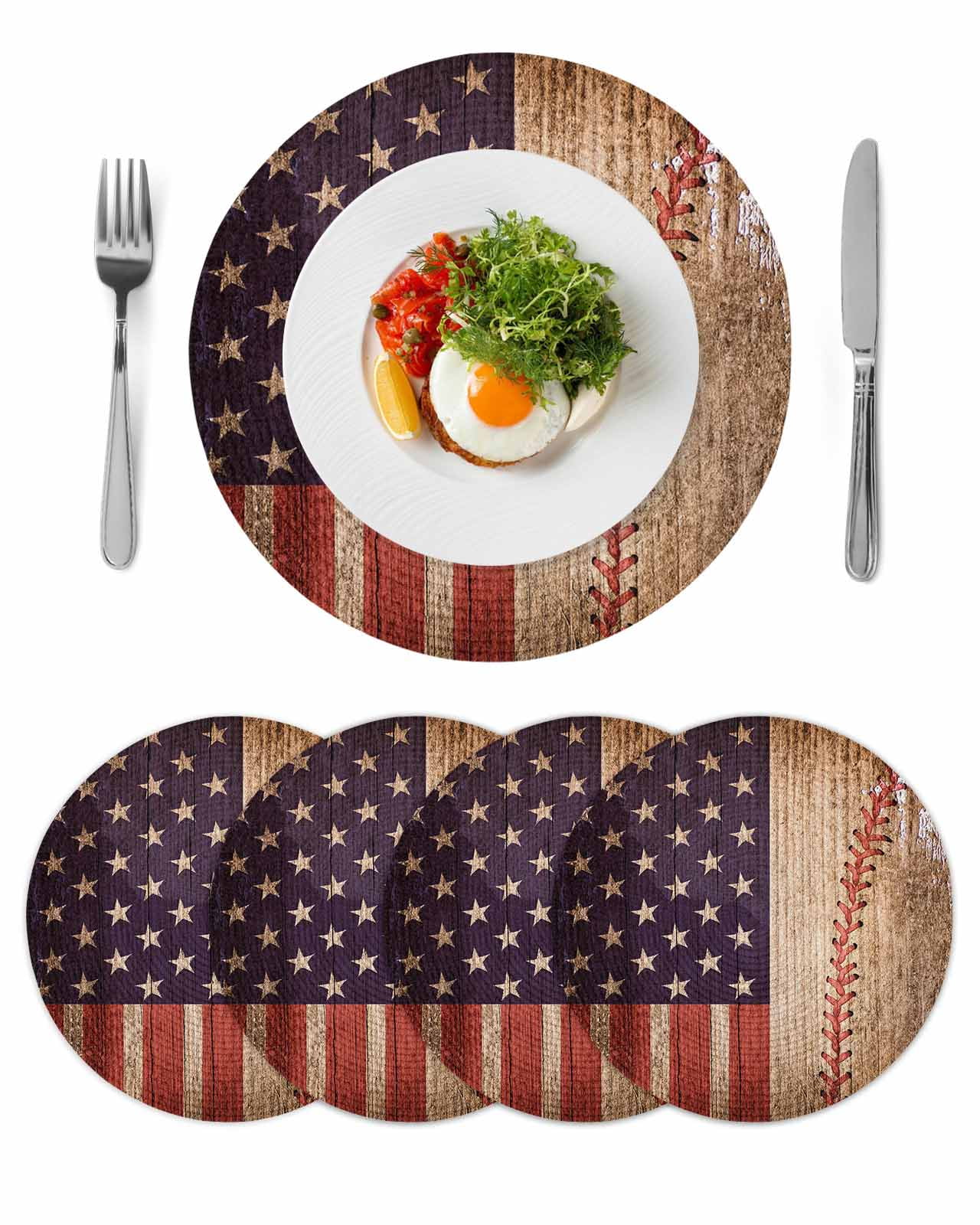 Round Woven Placemats set of 4, Patriotic American Flag Washable&Heat ...