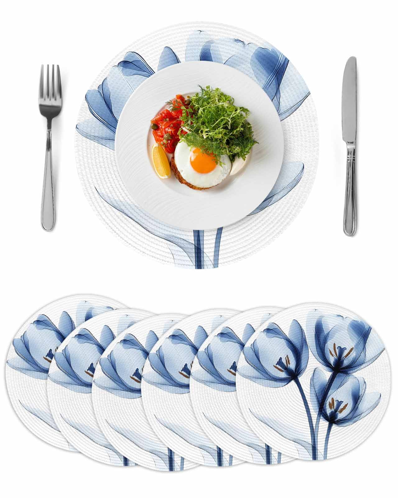 Round Woven Placemats set of 6, Blue Tulips Floral Washable&Heat ...