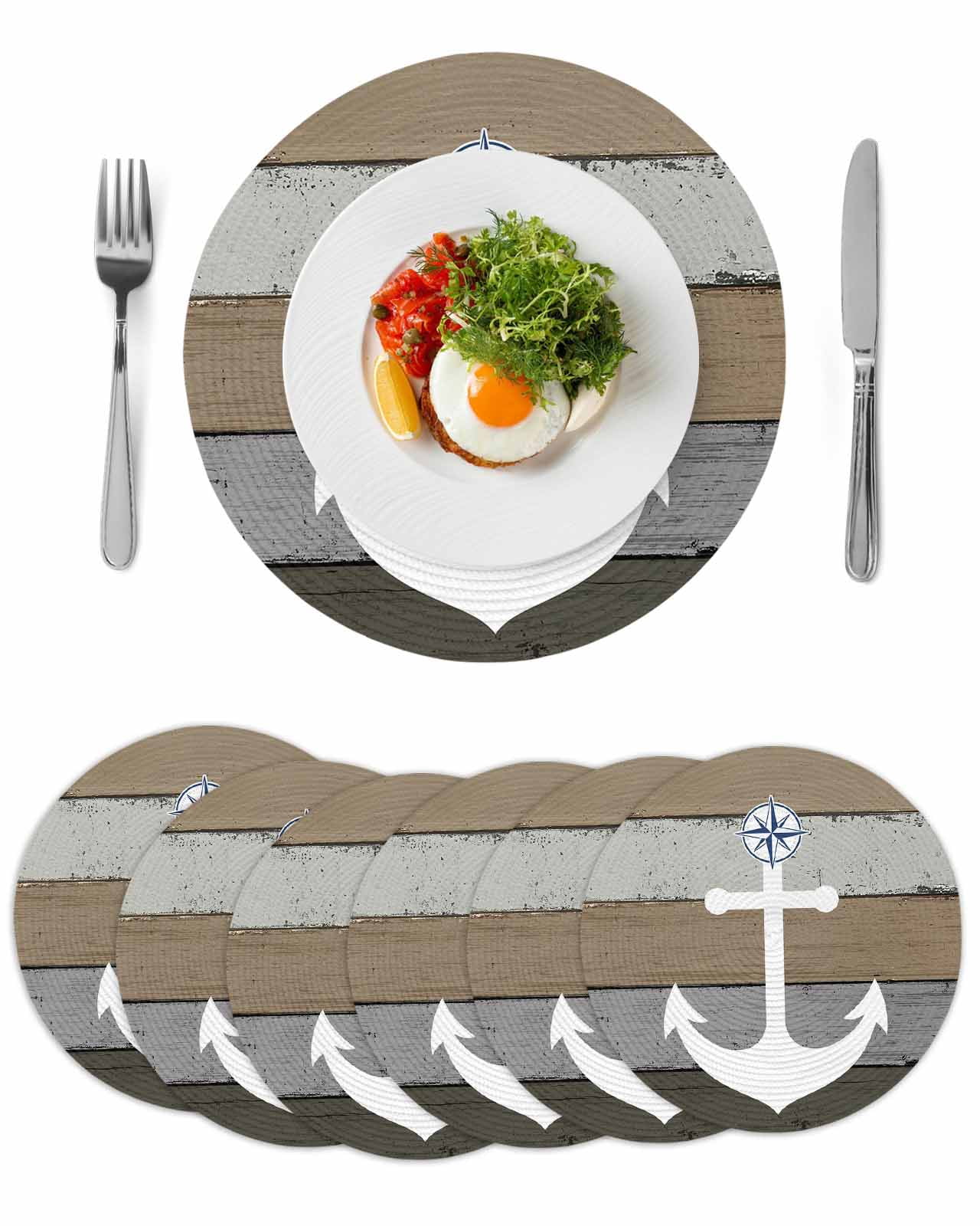 Round Woven Placemats set of 6, Nautical Anchor Washable&Heat Resistant ...