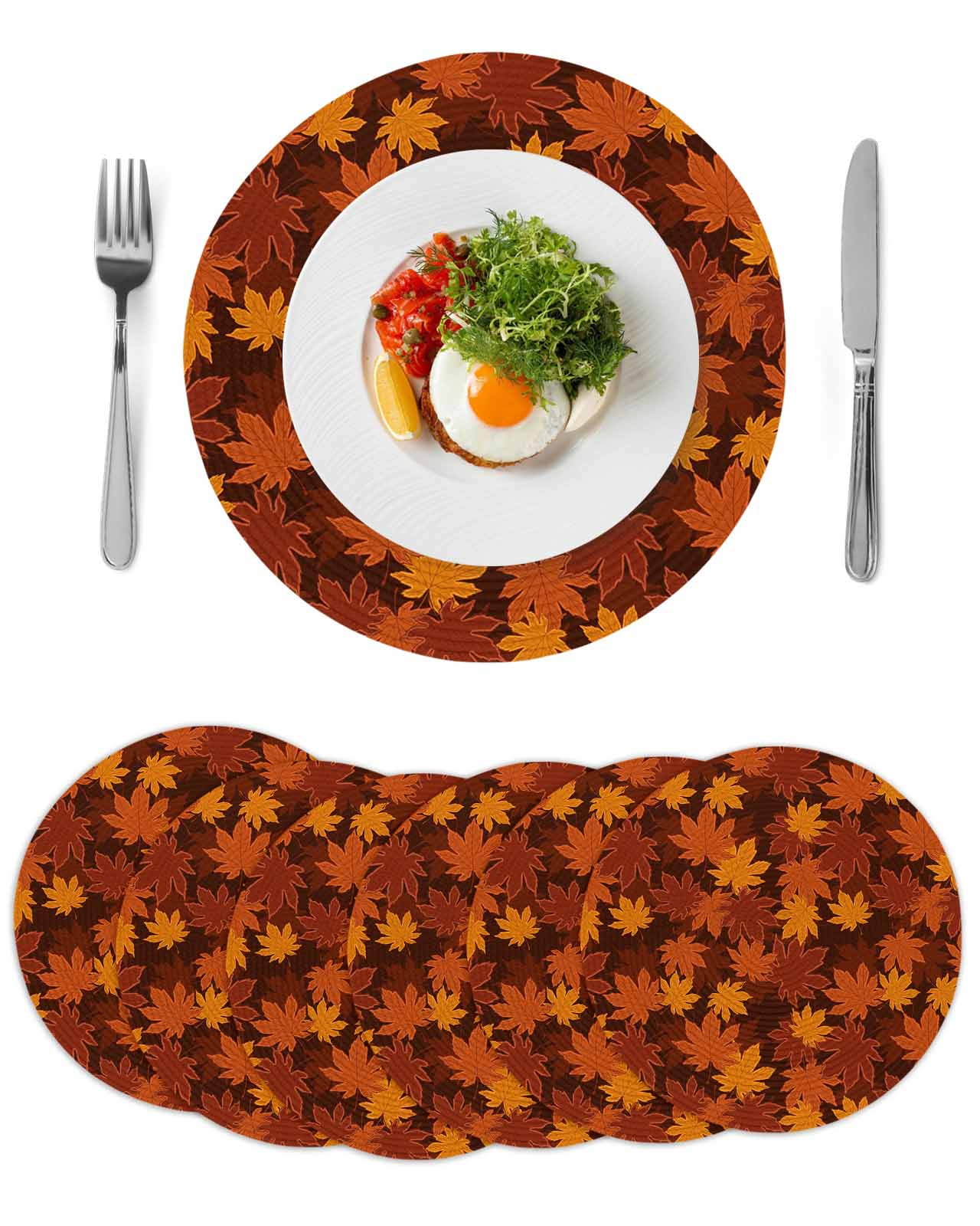 Round Woven Placemats set of 6, Thanksgiving Fall Maple Leaves Washable ...