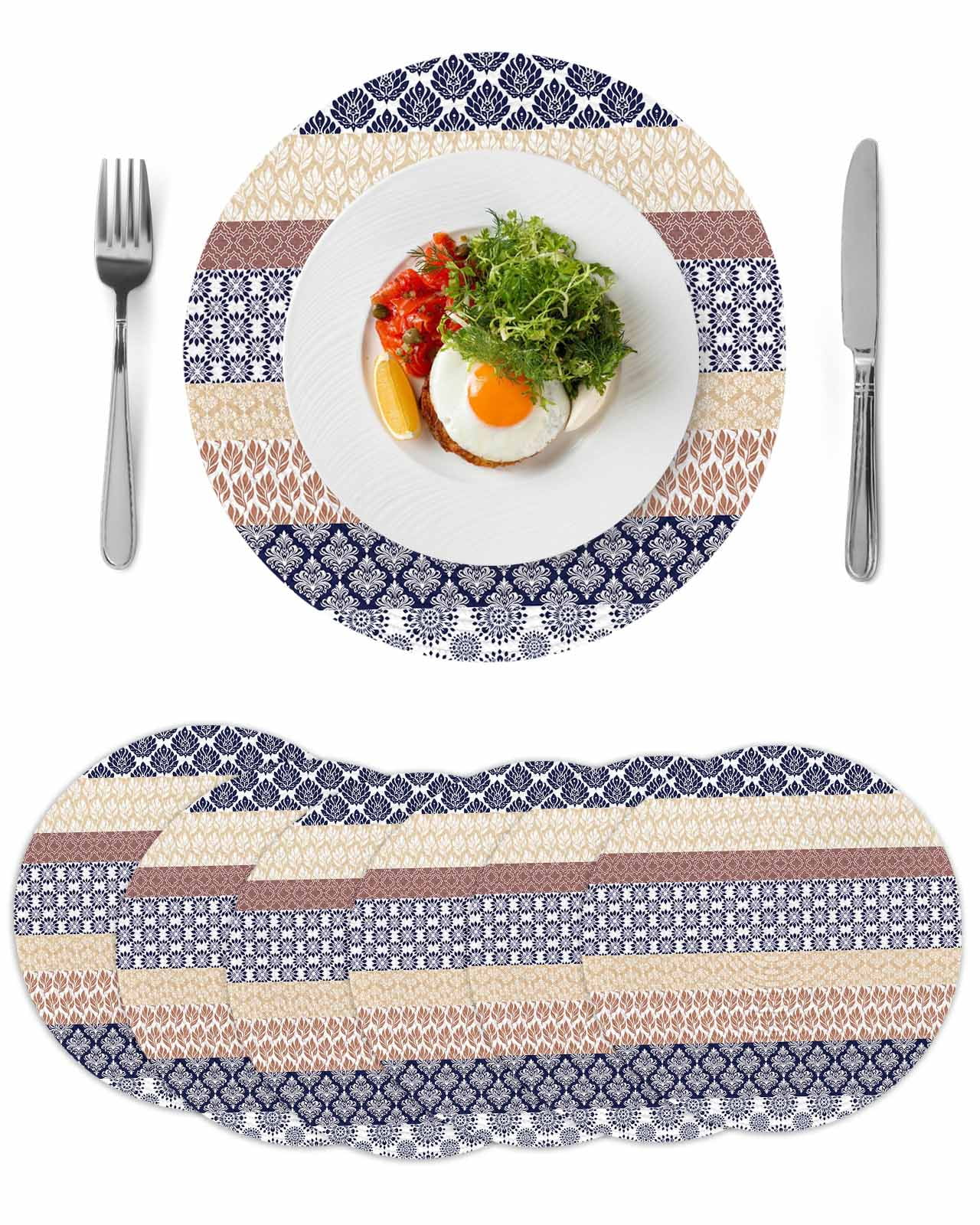 Round Woven Placemats set of 6, Vintage Boho Geometric Stripes Washable ...