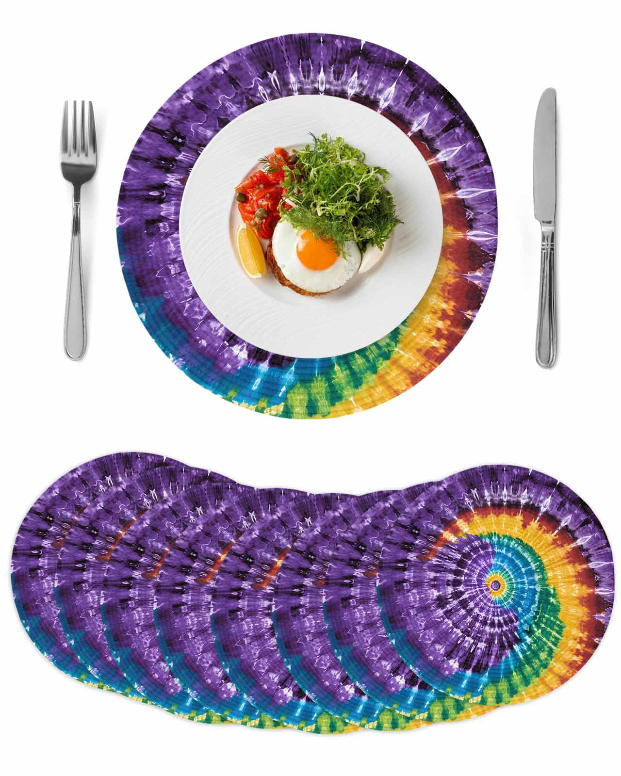 Round Woven Placemats set of 8, Abstract Ethnic Tie Dye Art Washable ...