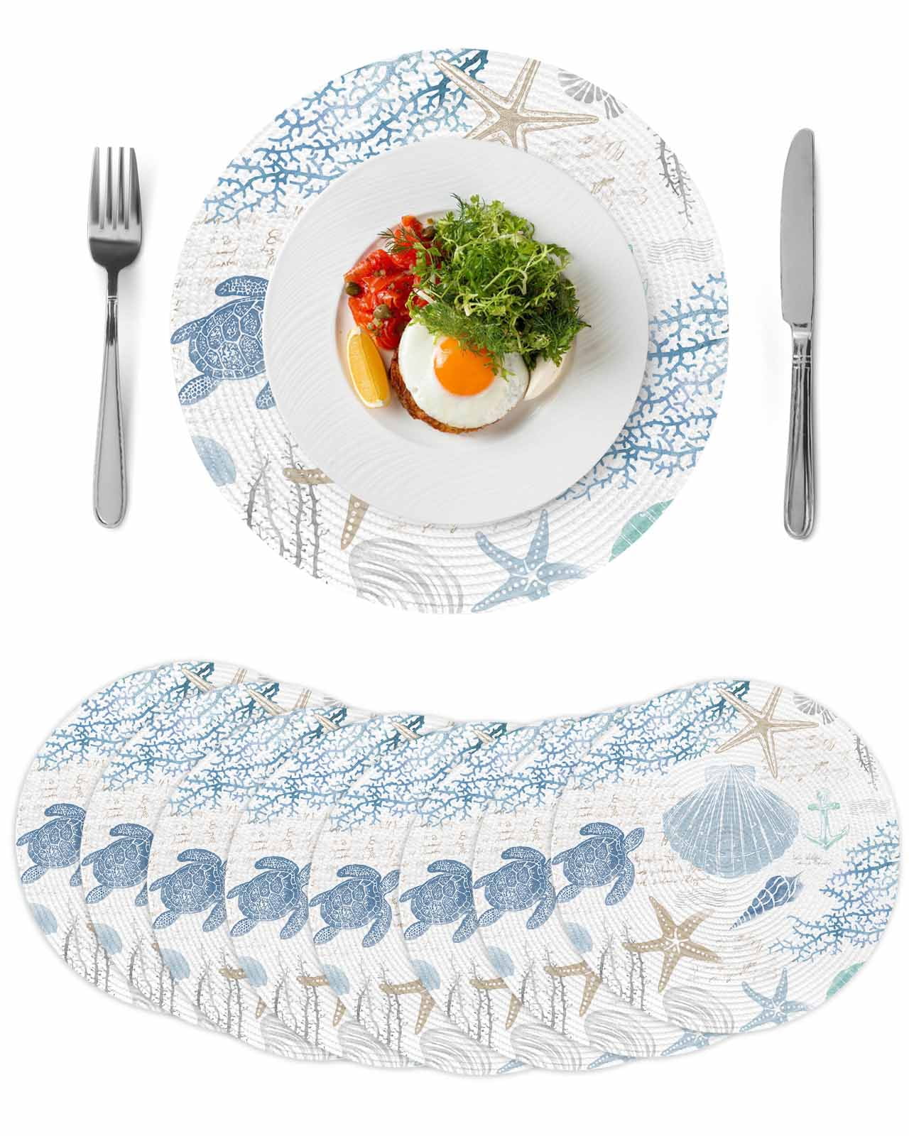 Round Woven Placemats set of 8, Blue Coastal Ocean Beach Themed ...