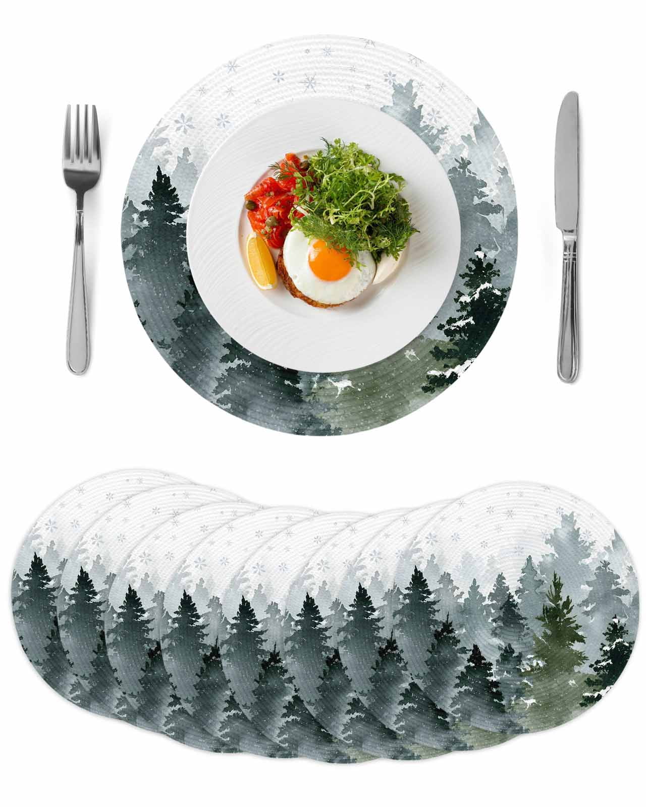 Round Woven Placemats set of 8, Green Christmas Tree Washable&Heat ...