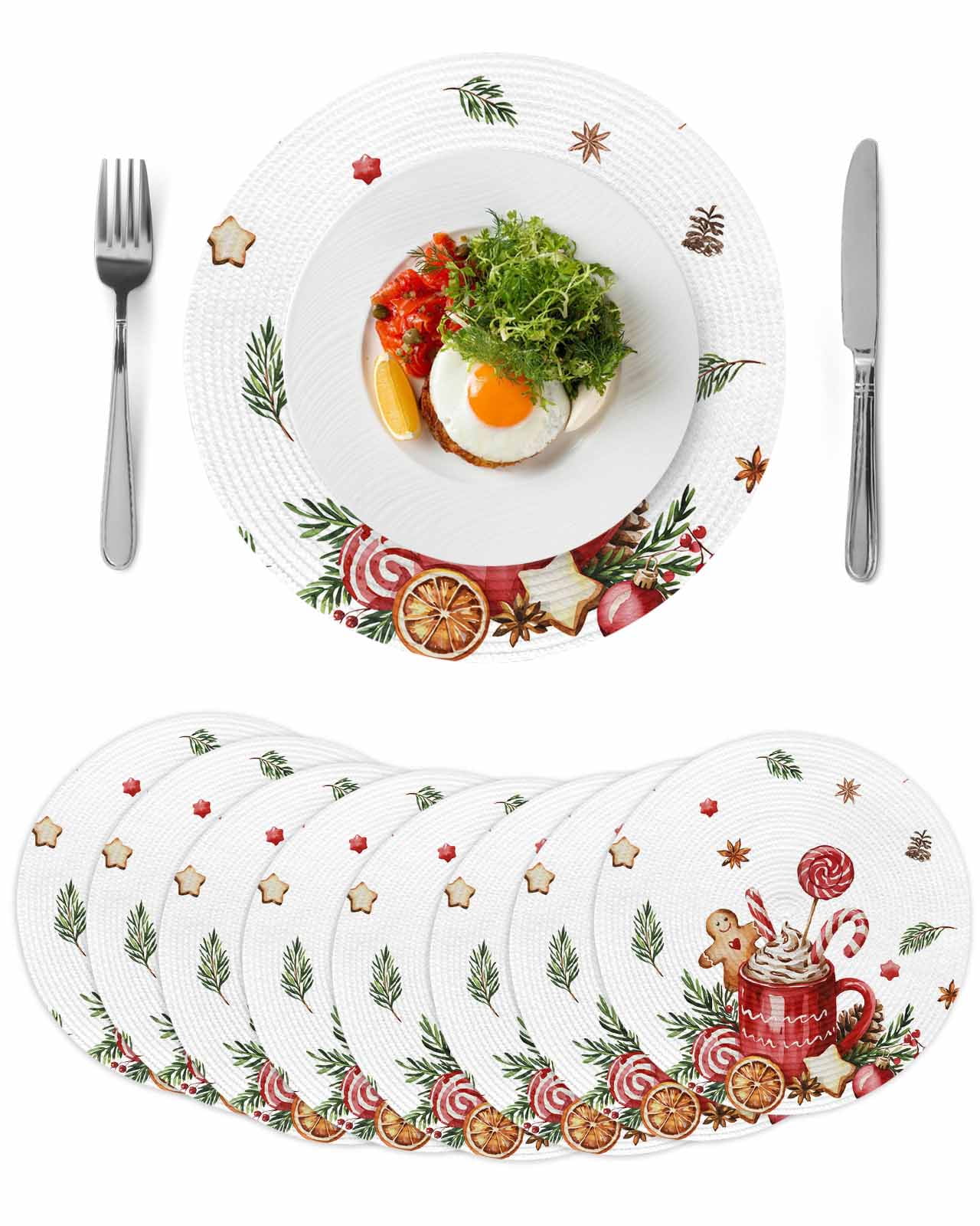 Round Woven Placemats set of 8, White Red Christmas Washable&Heat ...