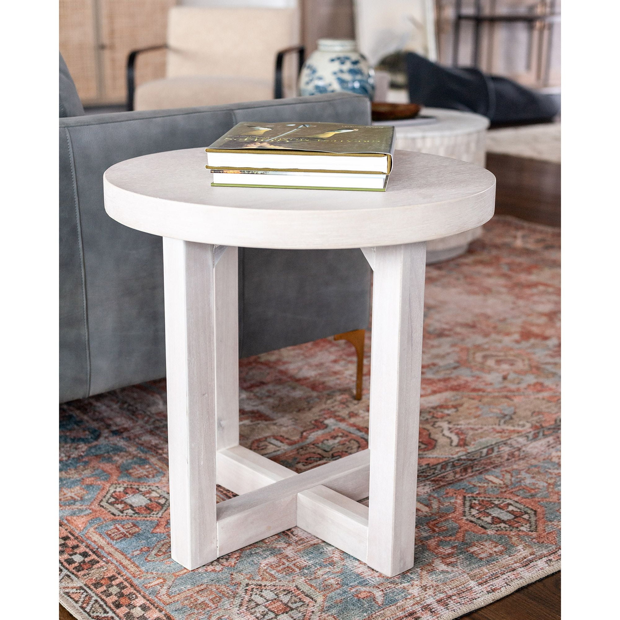 Round X Base Whitewash Wood End Table by East at Main (22" Diameter x ...