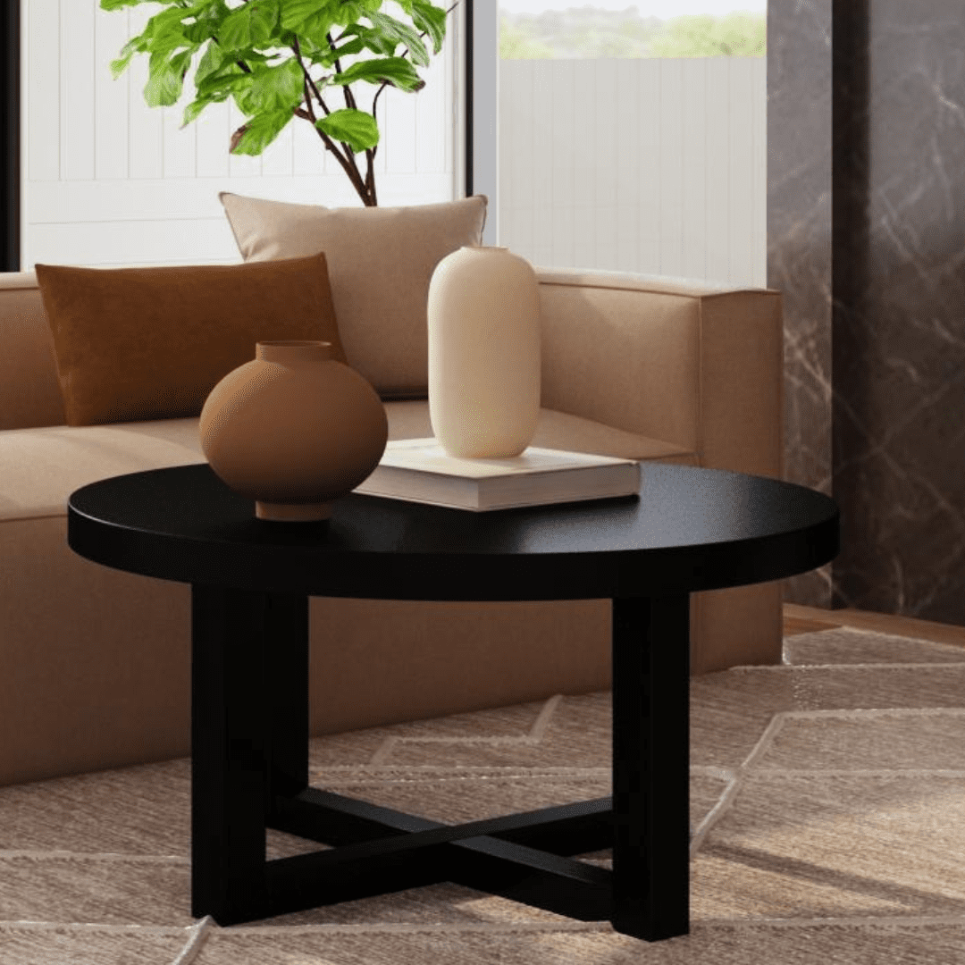"East at Main Round Wooden Coffee Table for Living Room, Matte Black ...
