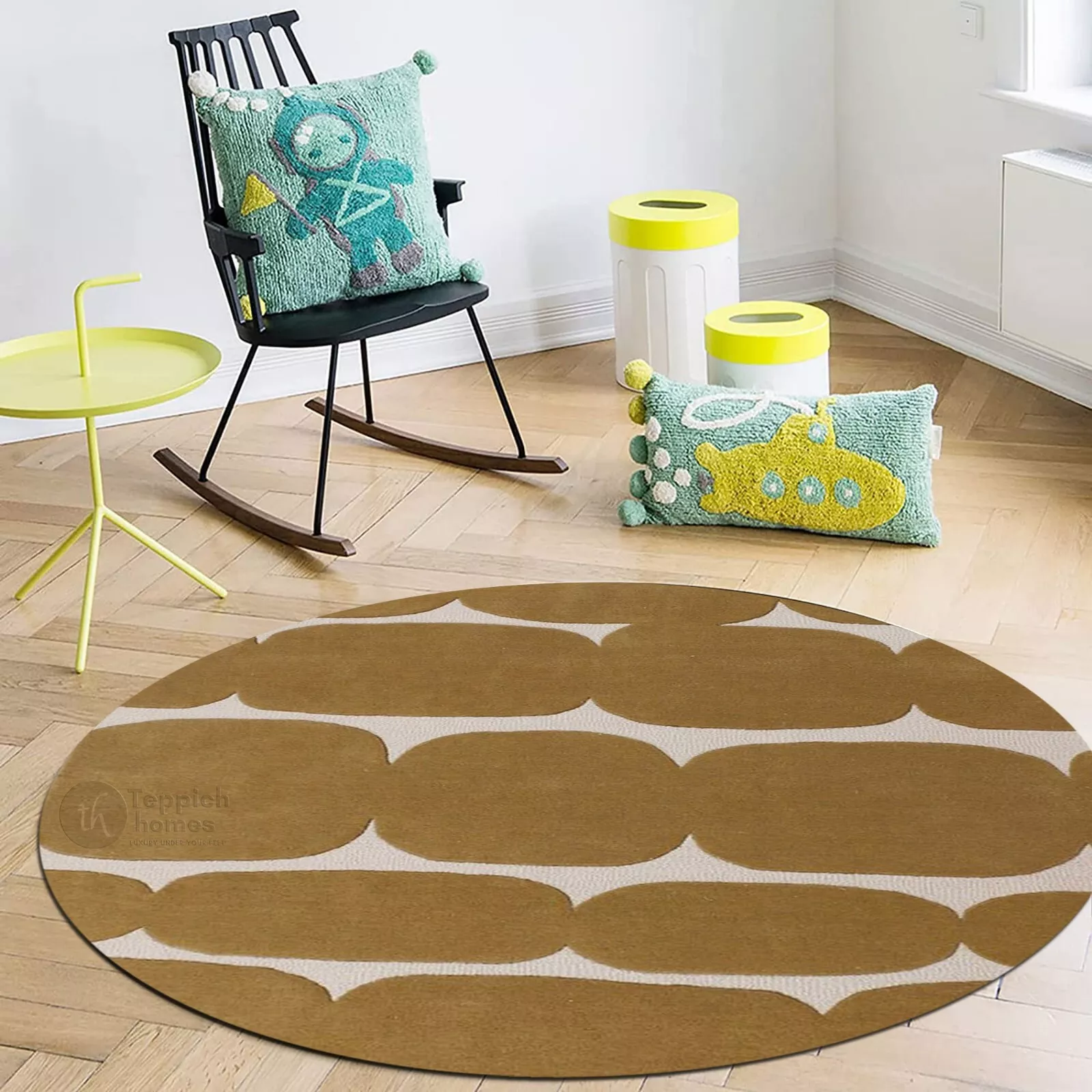Round area rug 5x5, 6x6, 7x7, Hand tufted carpet 8x8, 9x9, Mustard wool ...