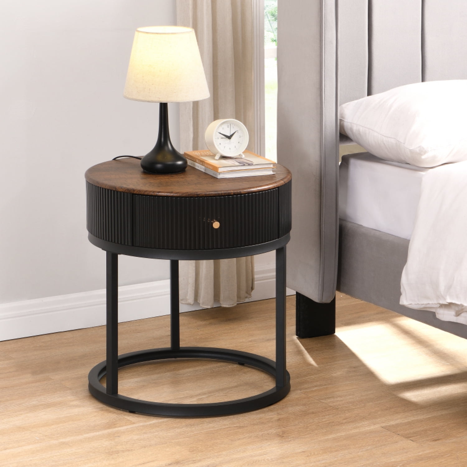 Round bedside table with drawers in the bedroom, 19.68 inch wooden ...