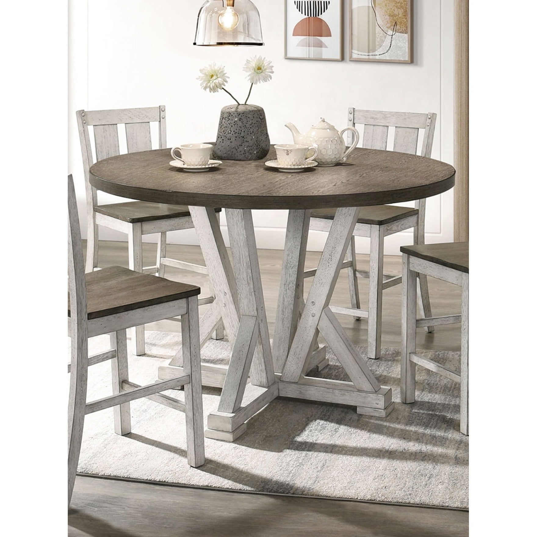 Round counter height dining table in antique white and ash brown with ...