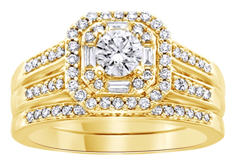 AFFY Round cut White Natural Diamond Halo Bridal Wedding Ring Set In ...