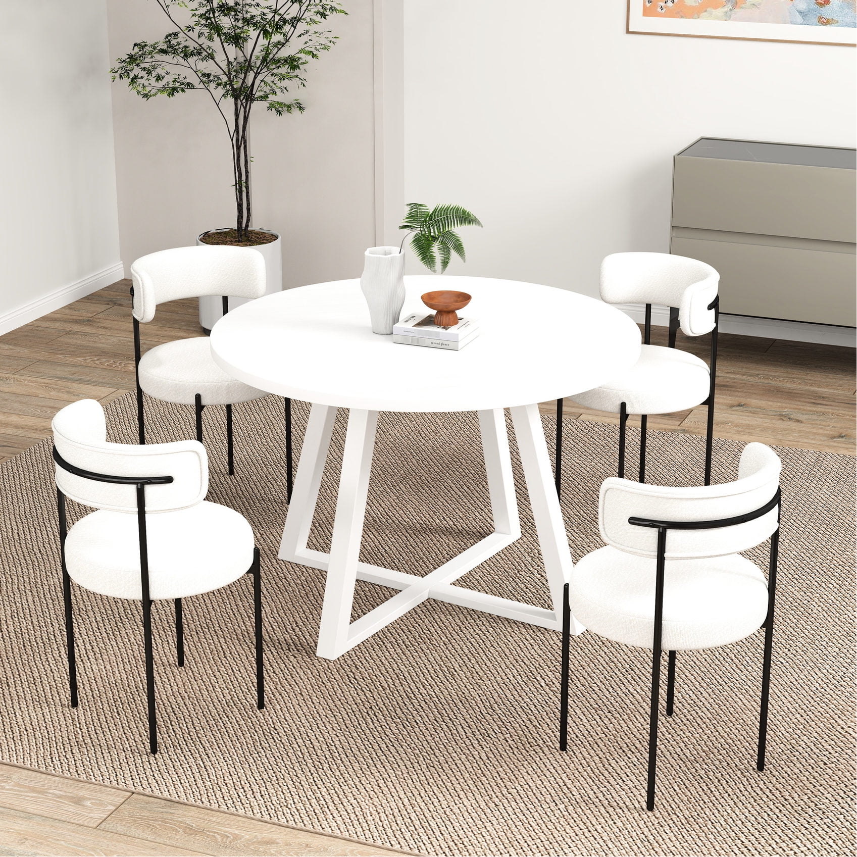 Round dining set: trestle table and 4 boucle seating / Modern design ...