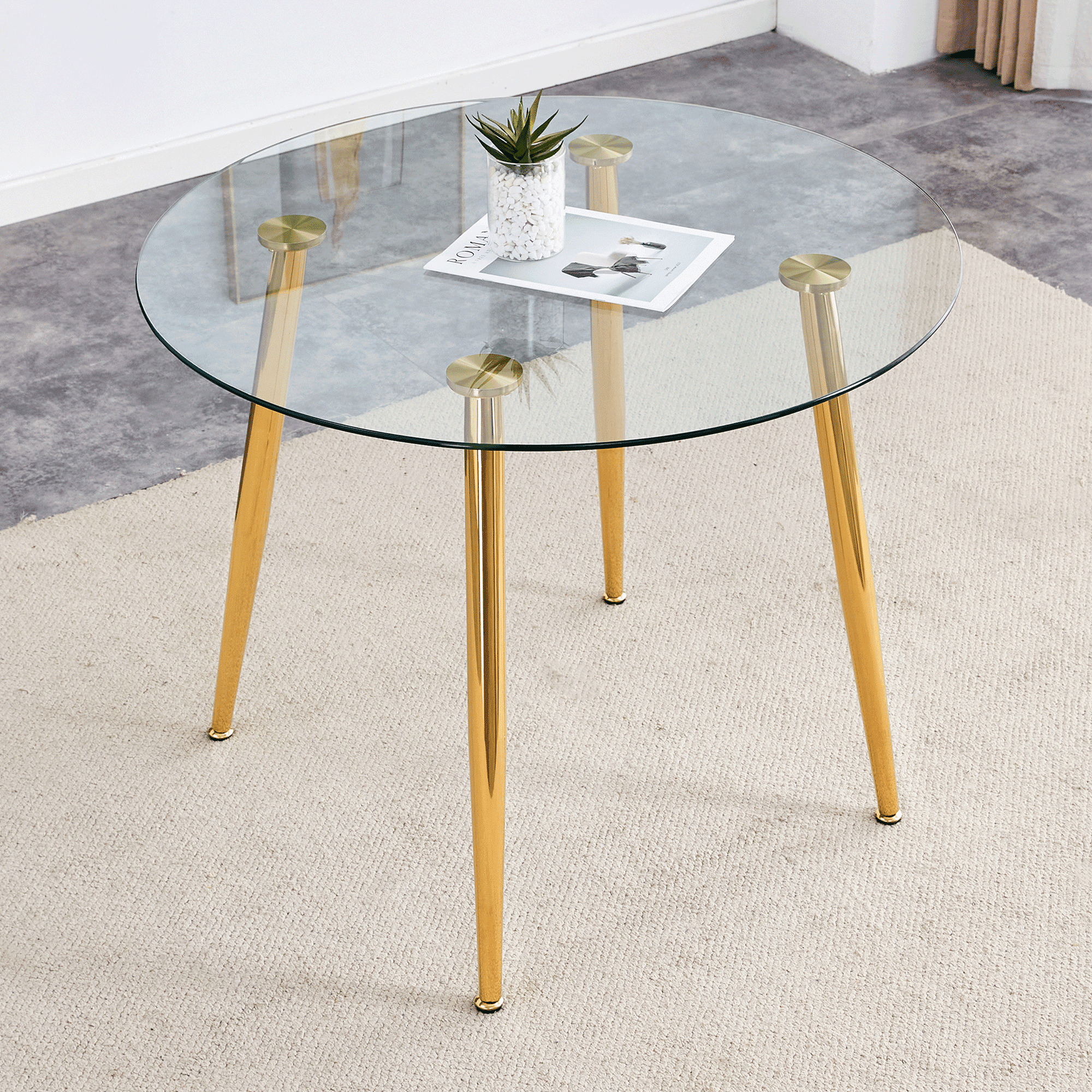 Round dining table with glass top, gilded metal legs, exquisite living ...