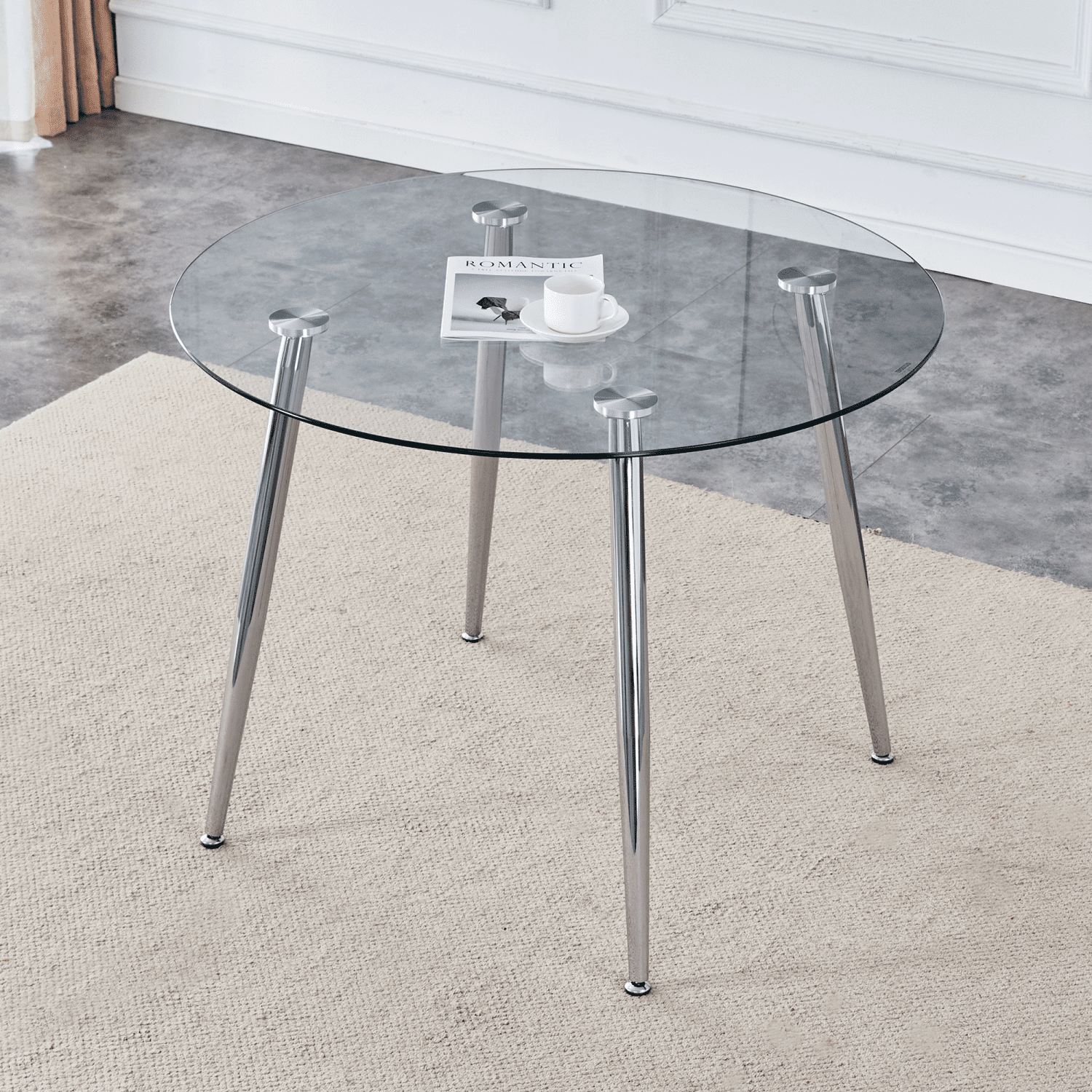Round dining table with glass top silver metal legs exquisite life ...