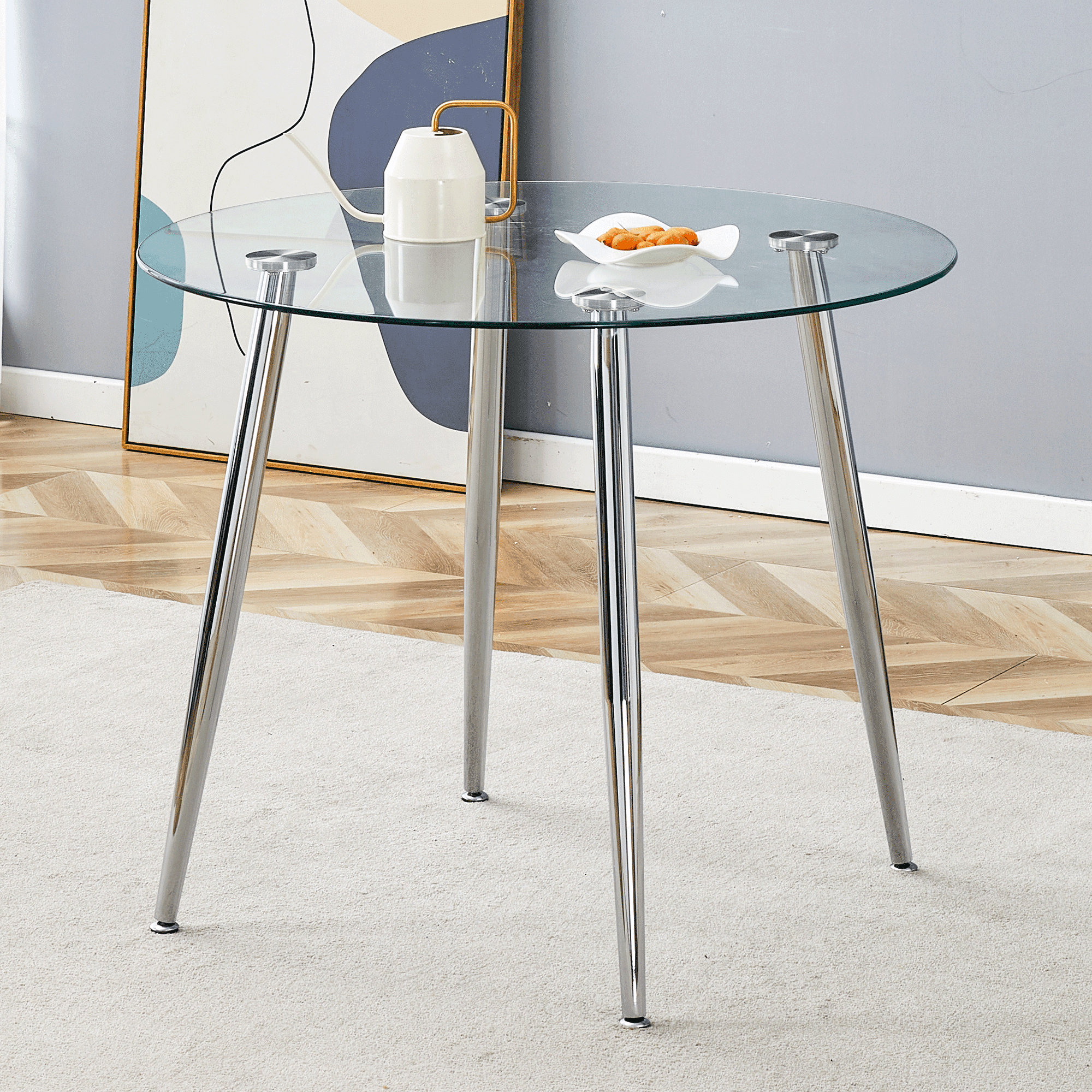 Round dining table with glass top, silver metal legs, exquisite life ...