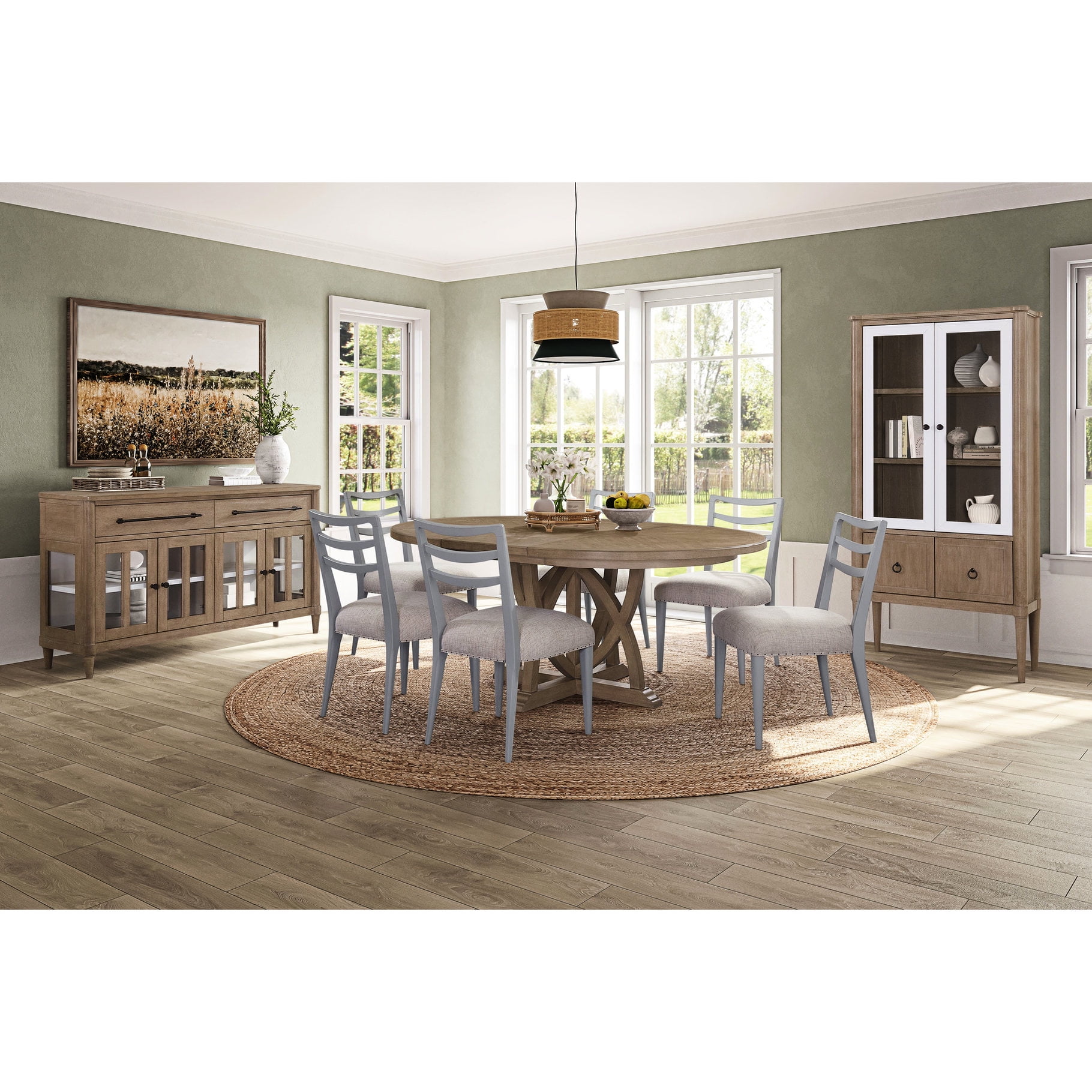Round expandable table, 4 ladderback chairs, server & display ...
