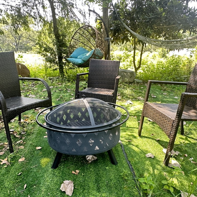 Round fire pit with net cover, fire poker, diamond mesh, metal wood ...