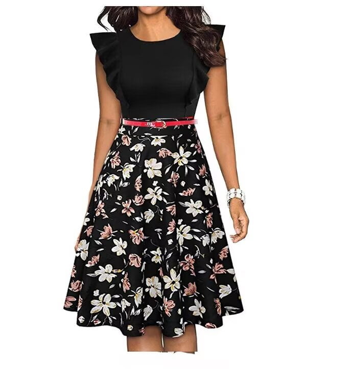 Round neck A-line hem floral print dress - Walmart.com