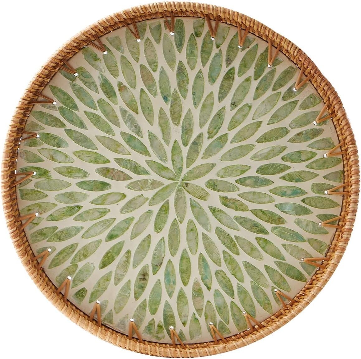 Round rattan tray with mother of pearl inlay, rattan tray with wooden ...