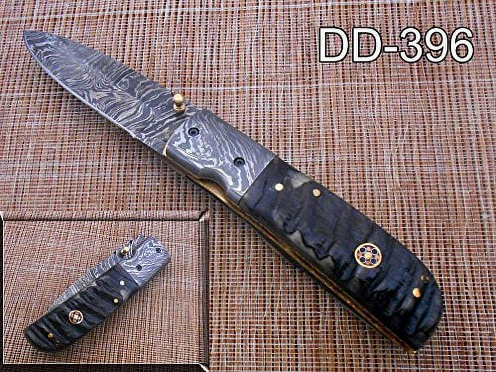 Round shape Hand forged Damascus steel folding knife, Ram Horn scale ...