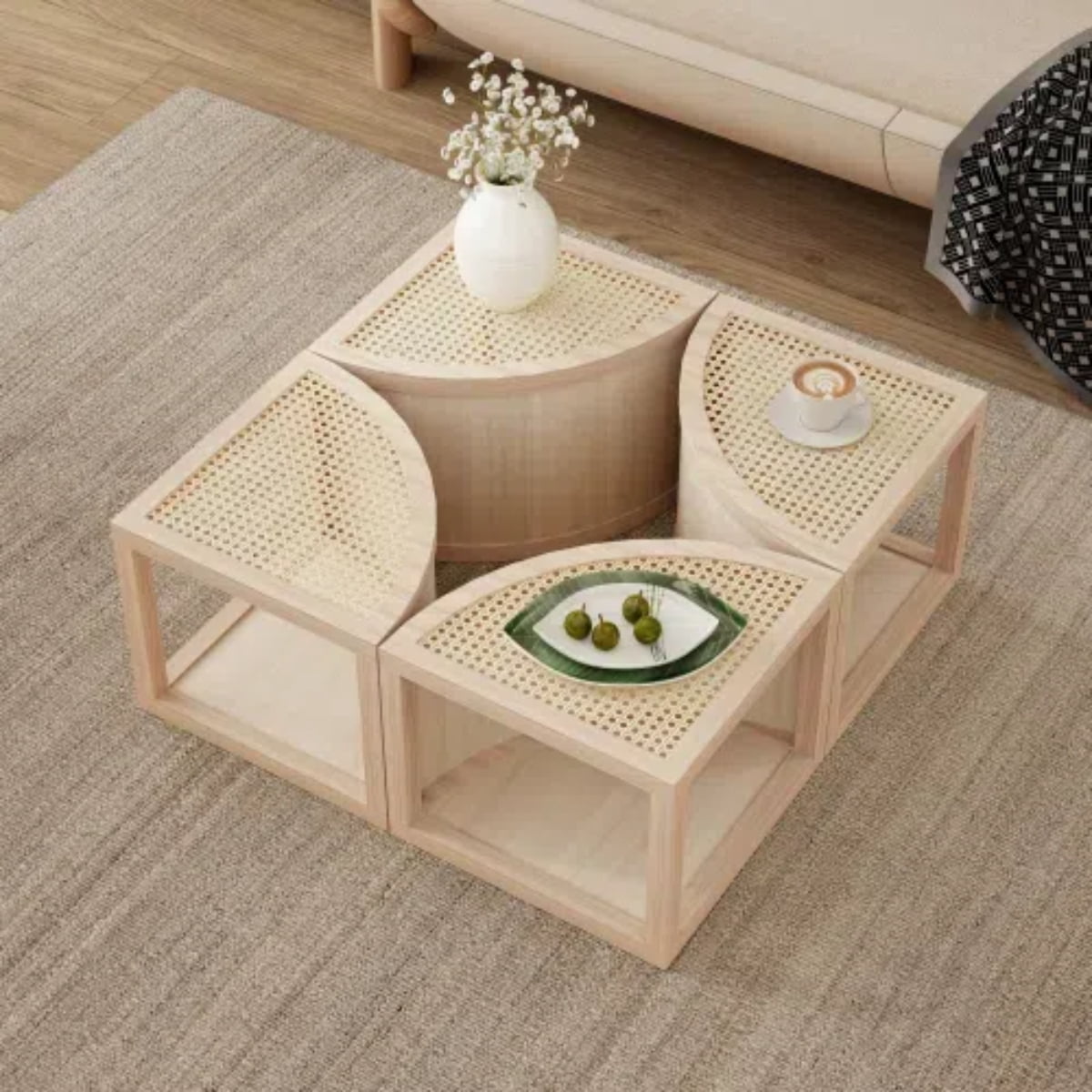 Round to Square Block Modular Coffee Table Light Natural Rattan with ...