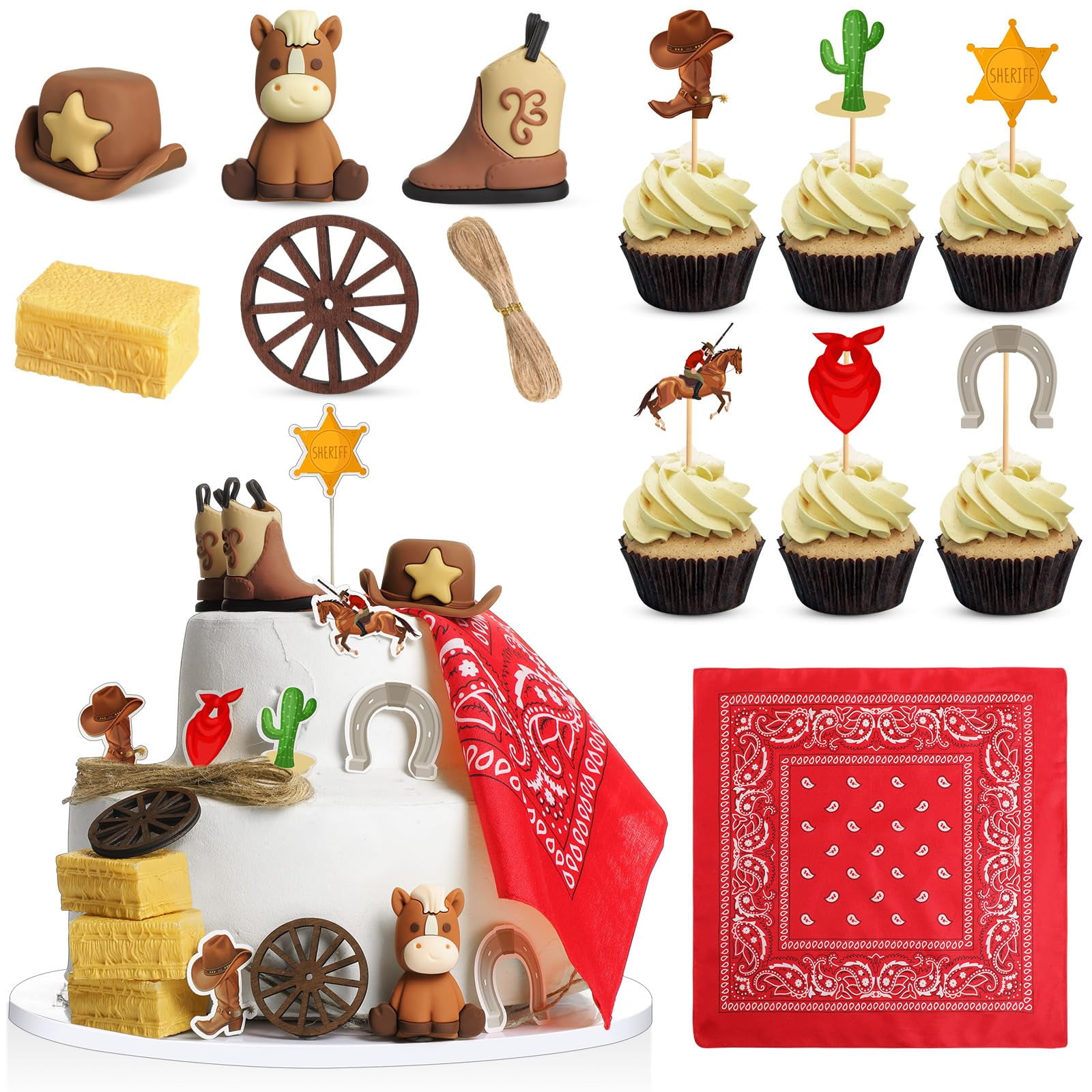RoundFunny 28 Pcs Cowboy Cake Decorations with H2FSDBrown Cowboy Hat ...