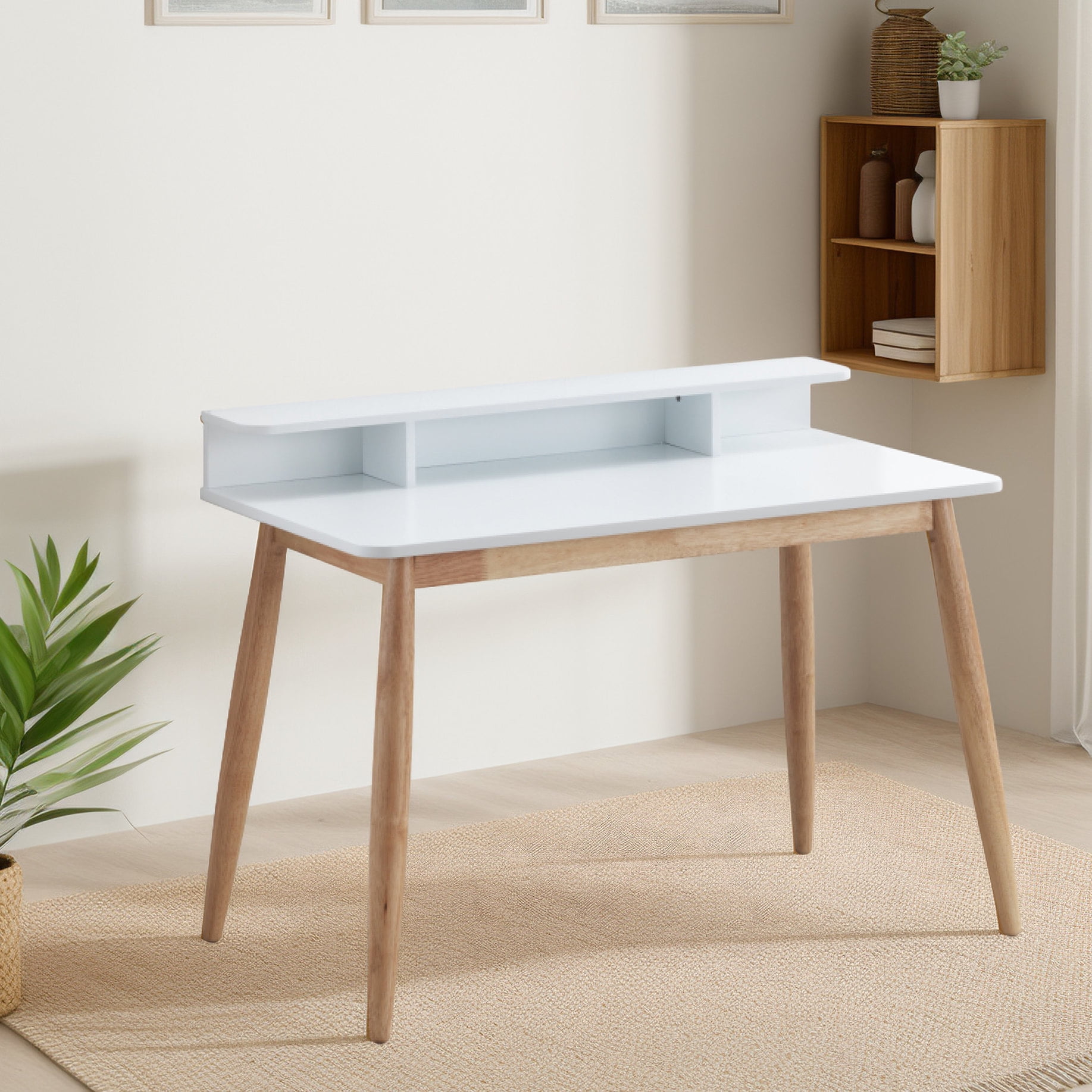 Rounded Angled Legs | White Wood Desk with Open Shelves for Book ...