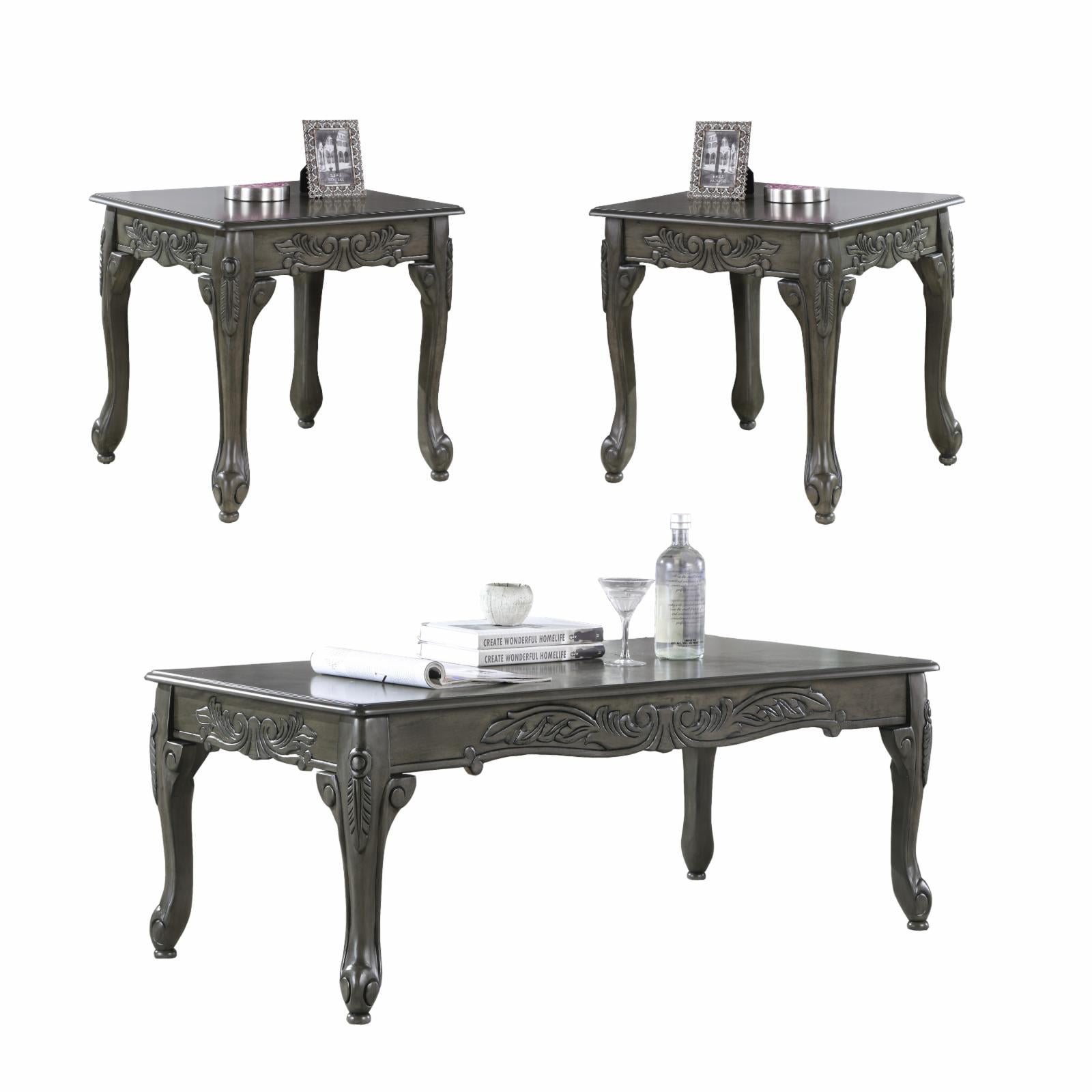 Roundhill Furniture 3 Pcs Traditional Scrolled Living Room Table Set ...