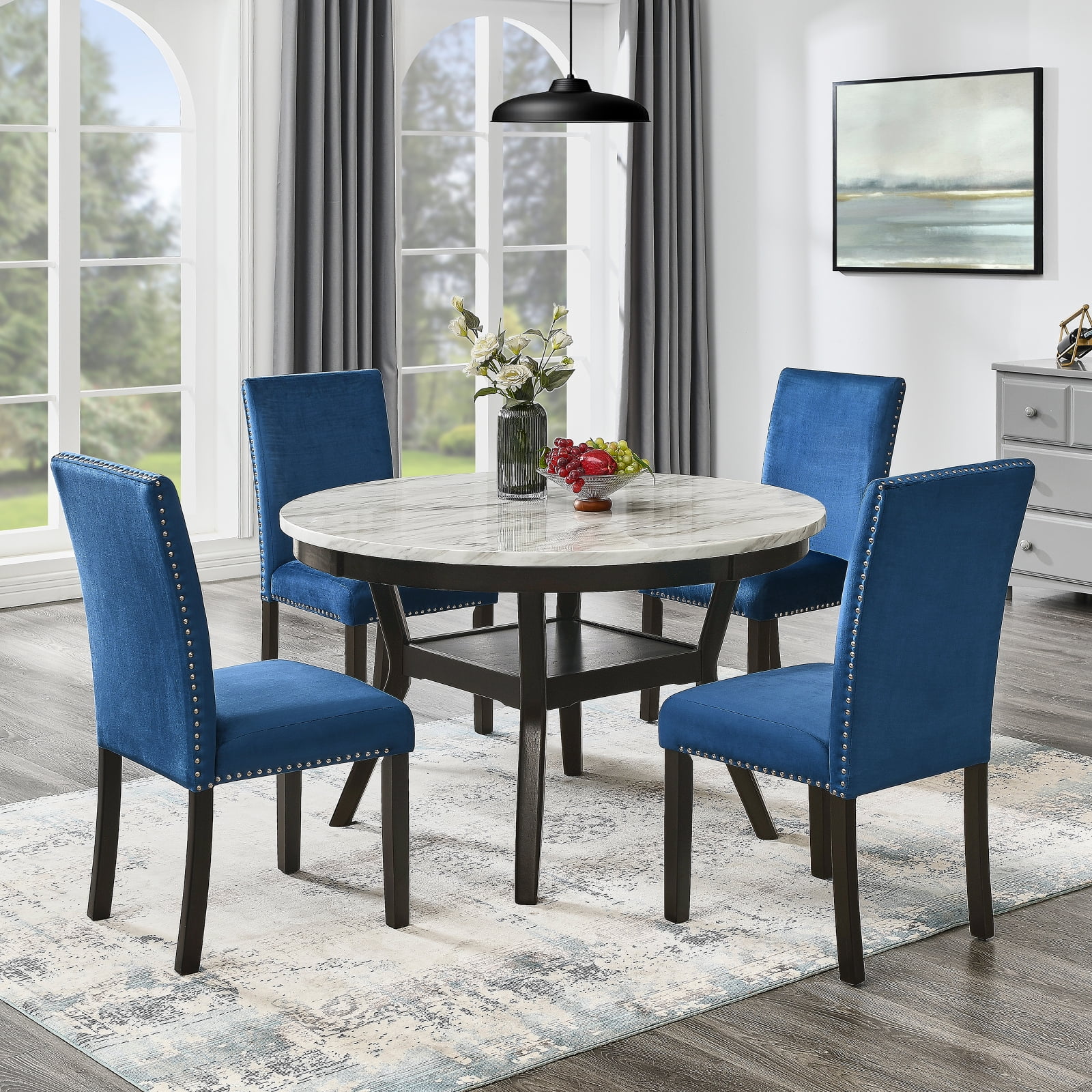 Roundhill Furniture 5-Piece Mella Dining Set - Round Faux Marble Table ...