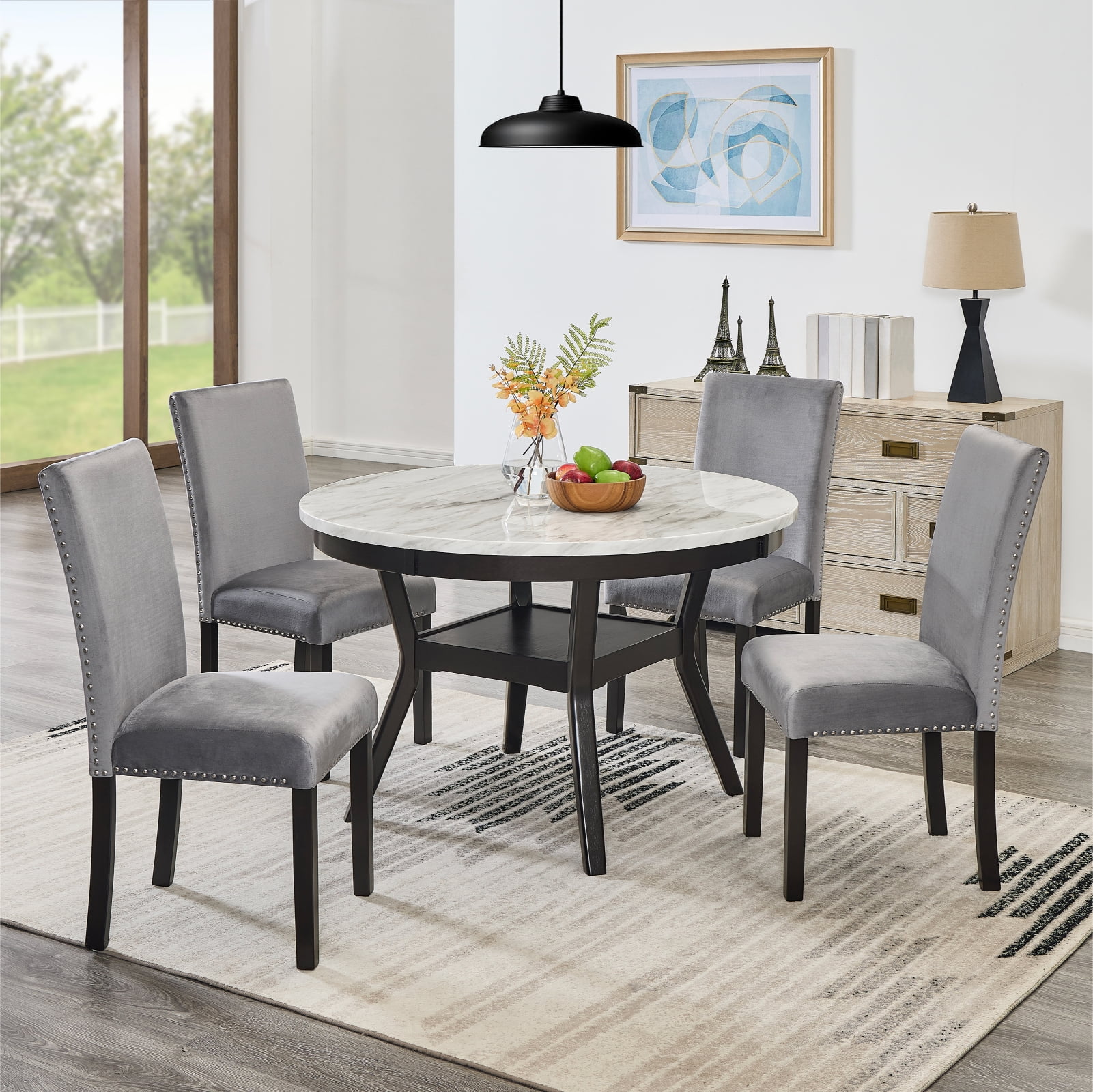 Roundhill Furniture 5-Piece Mella Dining Set - Round Faux Marble Table ...