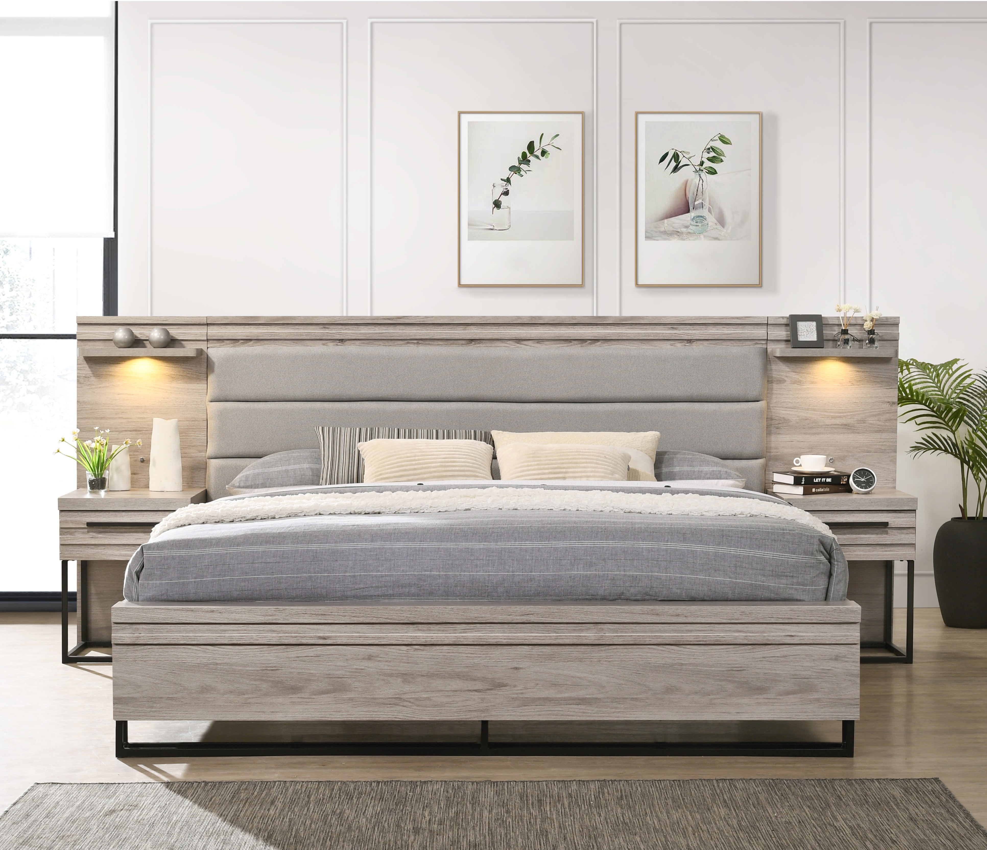 Roundhill Furniture Alvear Upholstered Wood Wallbed Bed with White LED ...