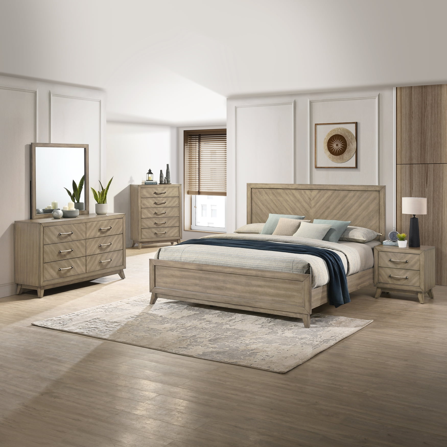Roundhill Furniture Arena Contemporary Wood Bedroom Set: Queen Bed, Dresser, Mirror, Nightstand ...