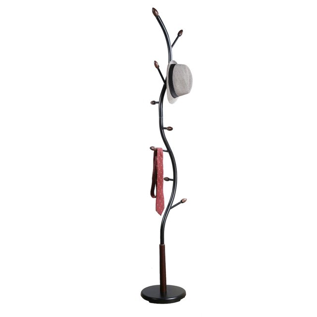 Roundhill Furniture Arles Metal Standing Coat Rack, Black And Walnut ...