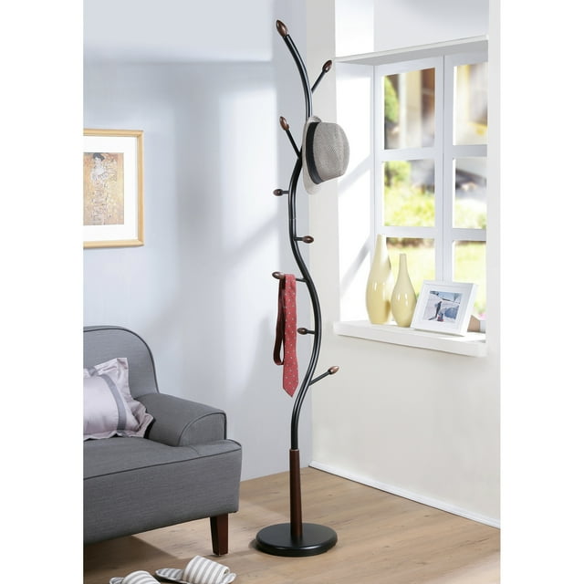 Roundhill Furniture Arles Metal Standing Coat Rack, Black And Walnut ...